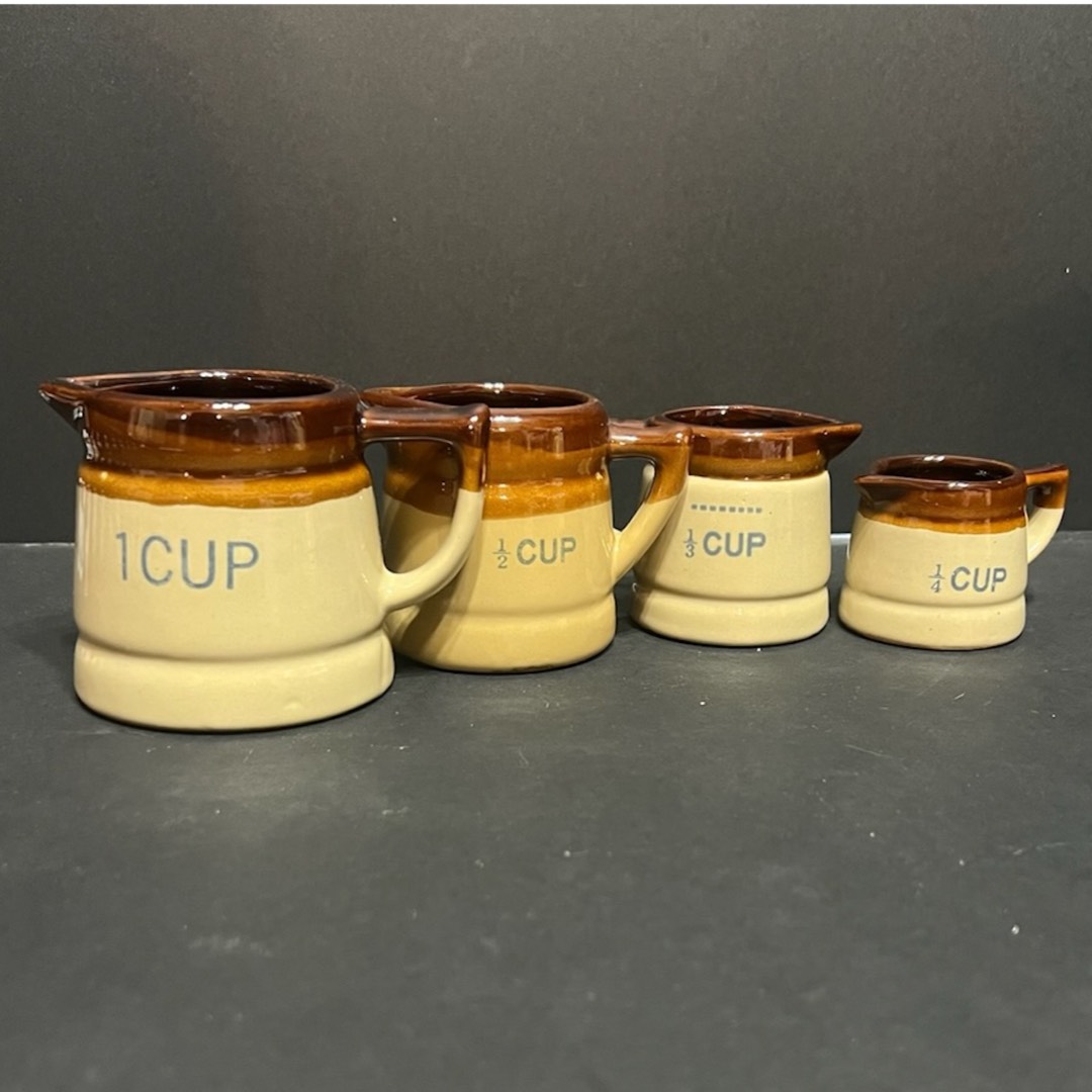 MARKDOWN! Set Of 4 Stoneware Vintage Measuring Cups Brown Cream 1, 1/2 ...