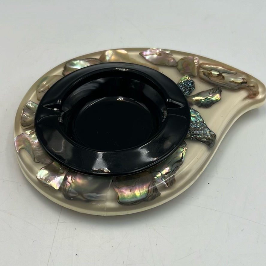 066 Vtg MCM Lucite Abalone Shell Teardrop Ashtray With Black Glass ...