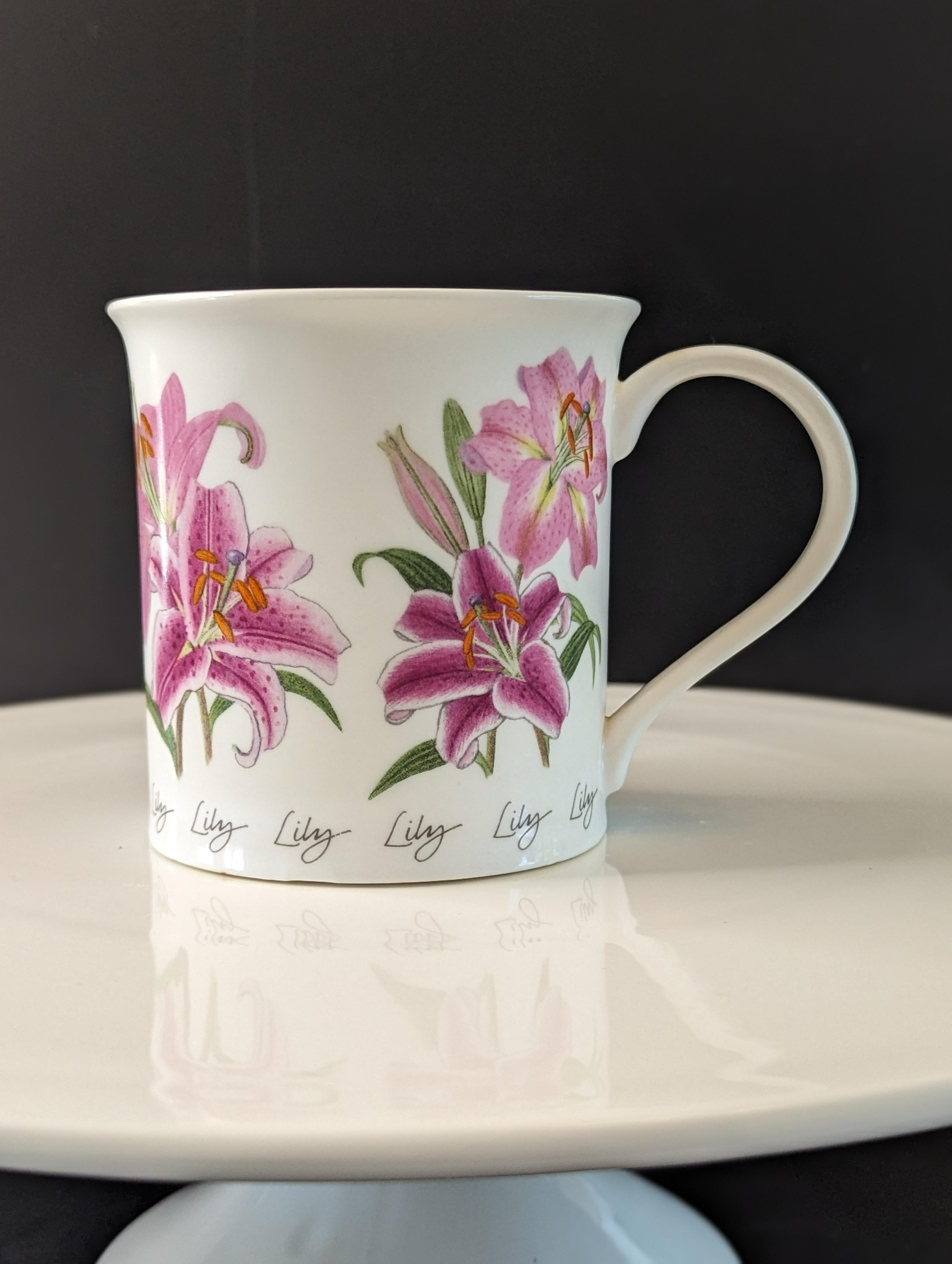 Vintage Floral Lily Porcelain Mug, Delicate Handle, Botanical Design ...