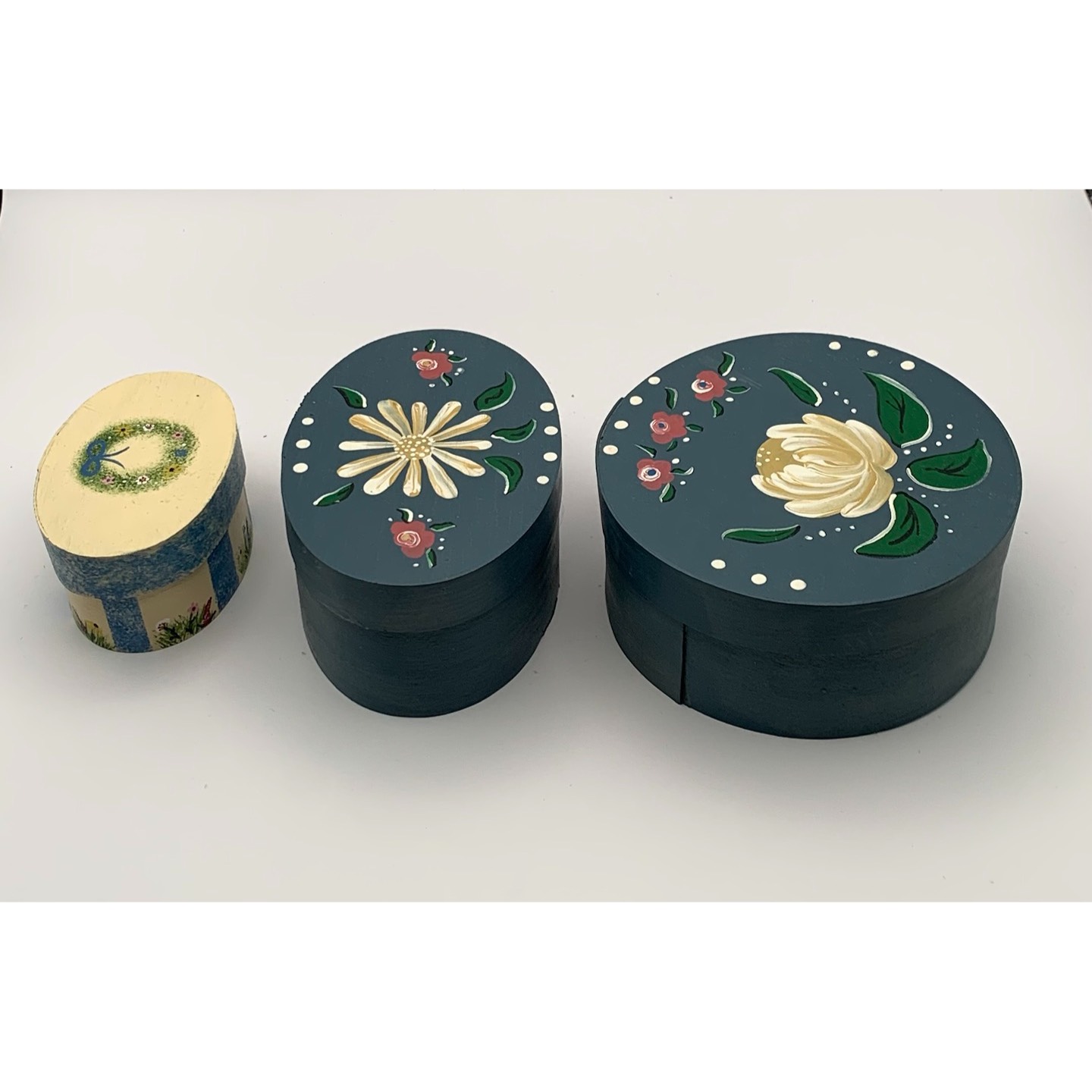 3 Hand Painted Small Wood Boxes. Shaker Style. Smallest one is signed ...