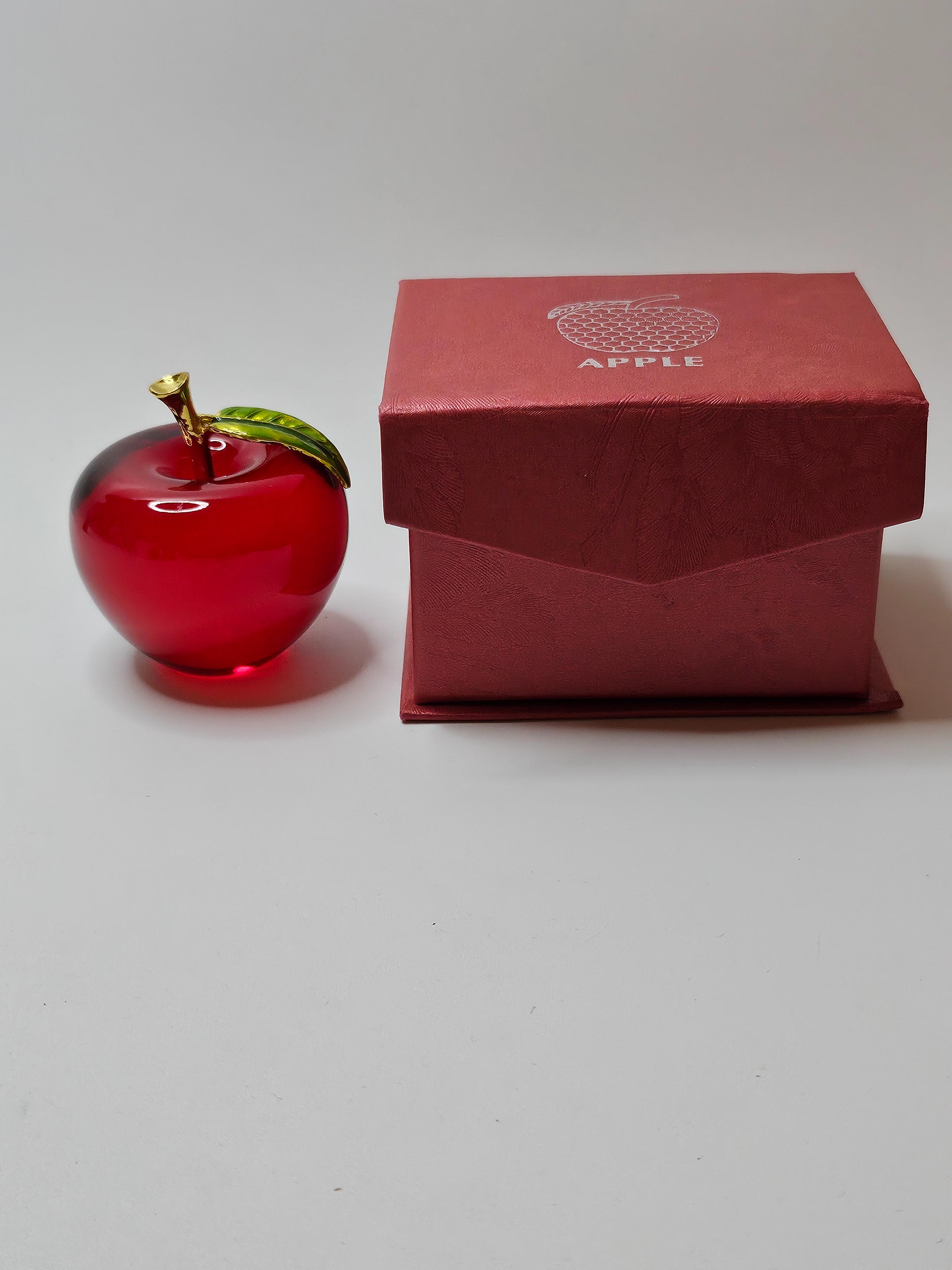 Red Crystal Apple Paperweight Goldtone Stem Enamel Green Leaf Original Box