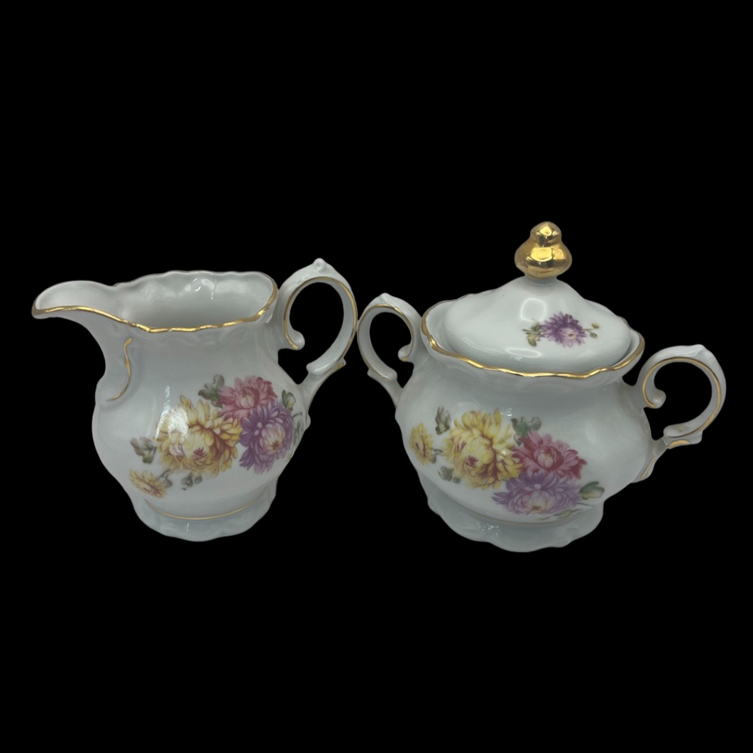 Vintage Winterling Bavaria China Floral Sugar Bowl With Lid And Creamer