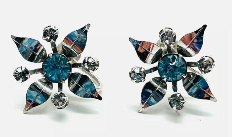 Vintage BUGBEE & NILES Blue Rhinestone Flower Earrings Silver Tone 1 ...