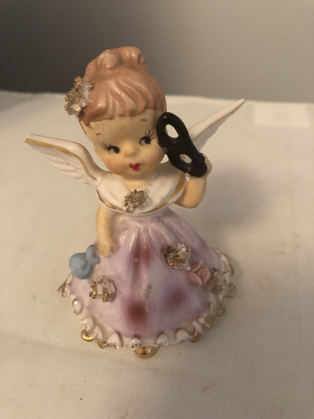 VINTAGE LEFTON OCTOBER ANGEL GIRL BLACK MASK BELL FIGURINE JAPAN SPAGHETTI