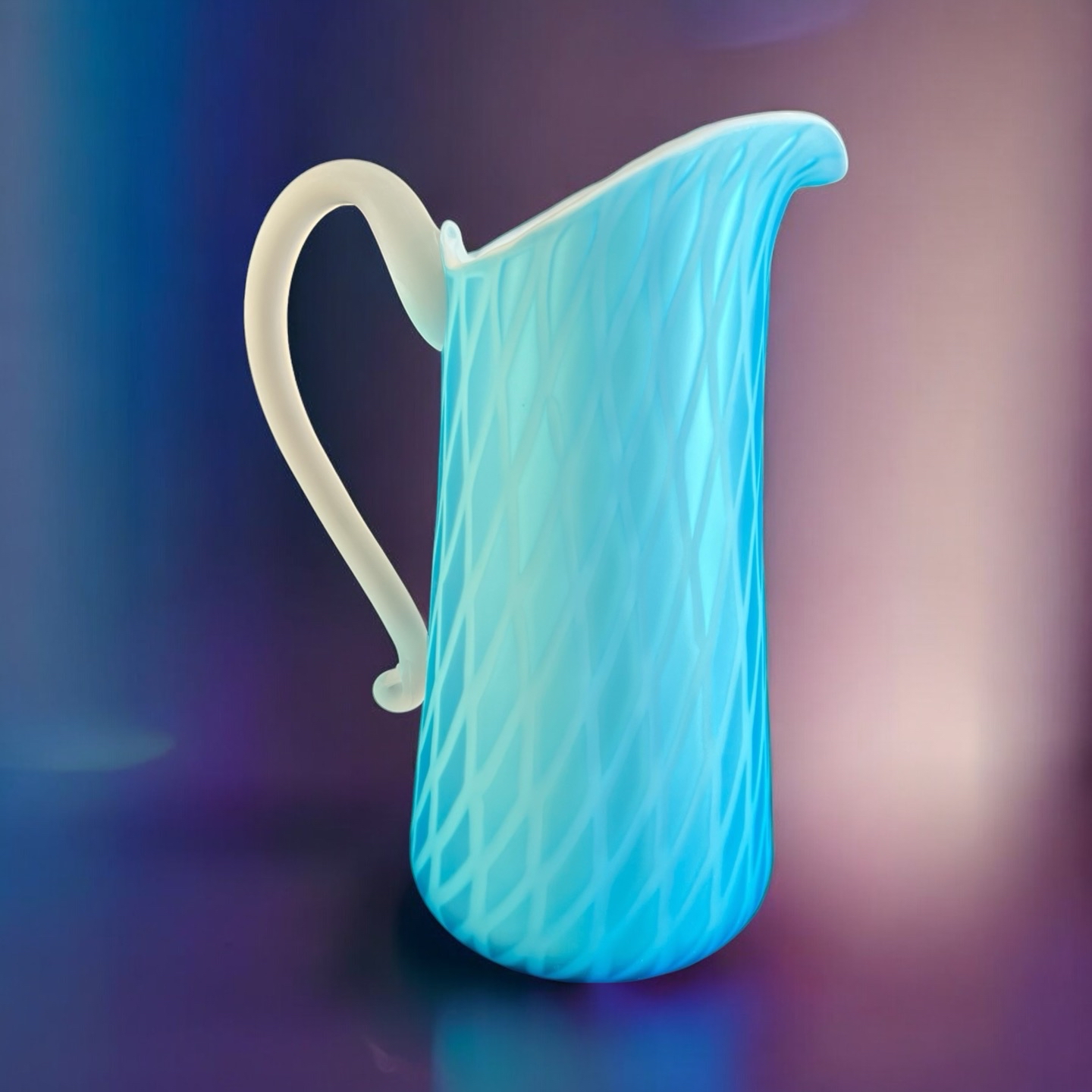 Antique Diamond Quilted Light Blue Mother of Pearl Cased Glass Pitcher Vase