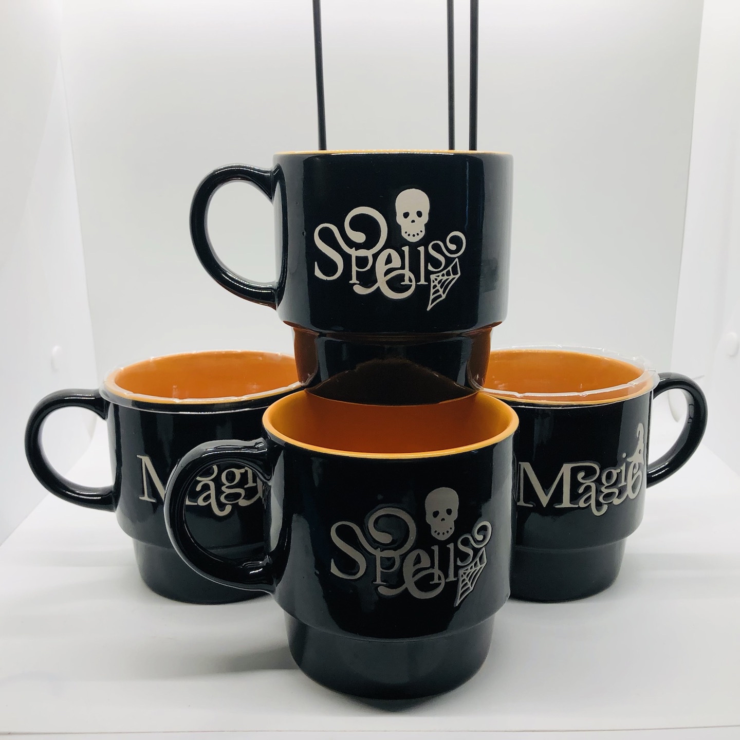 Magic Spells Stackable Coffee Mug SET In Metal Rack Halloween Witchy ...