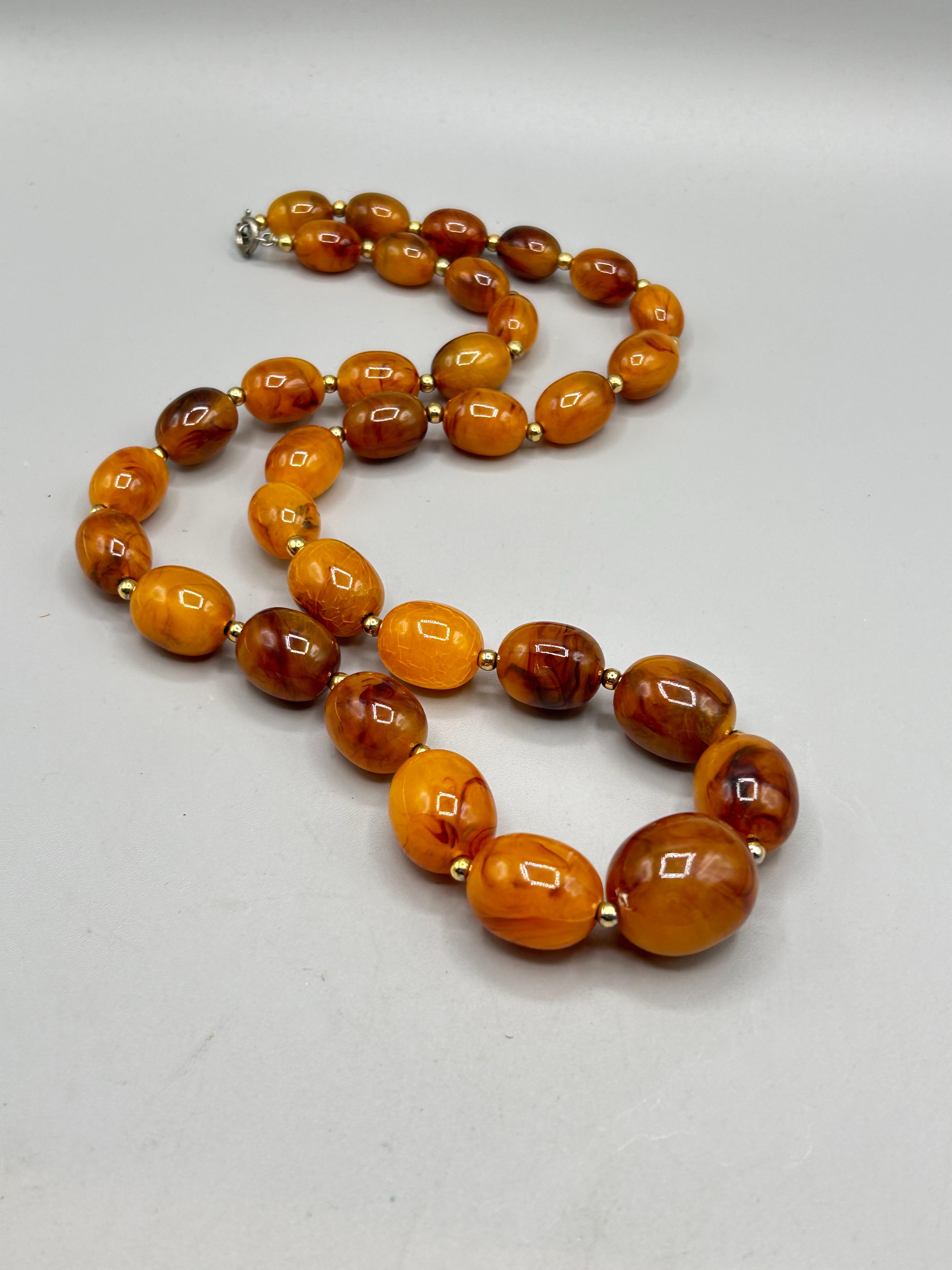Vintage Faux Amber Bead Necklace With Gold Tone Accents 24" Long ...