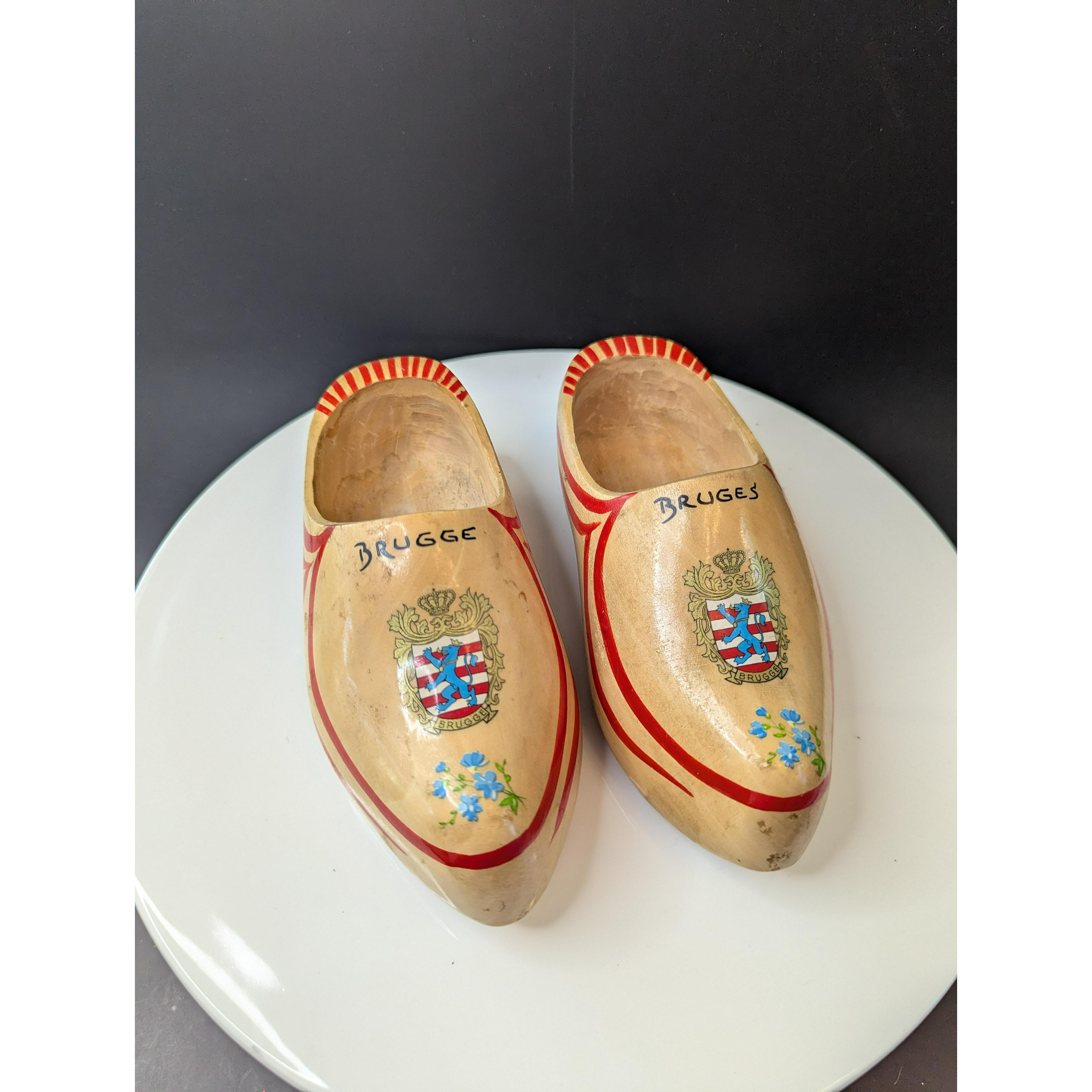 Vintage Bruges Wooden Clogs, Hand-Painted Souvenir Shoes, Belgium Decor