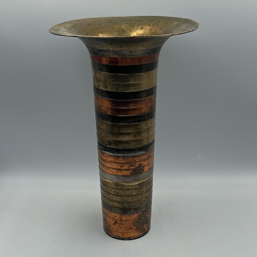 Rosenthal Netter Vintage Stacked Rings Brass Copper Tall Vase Patina 12”