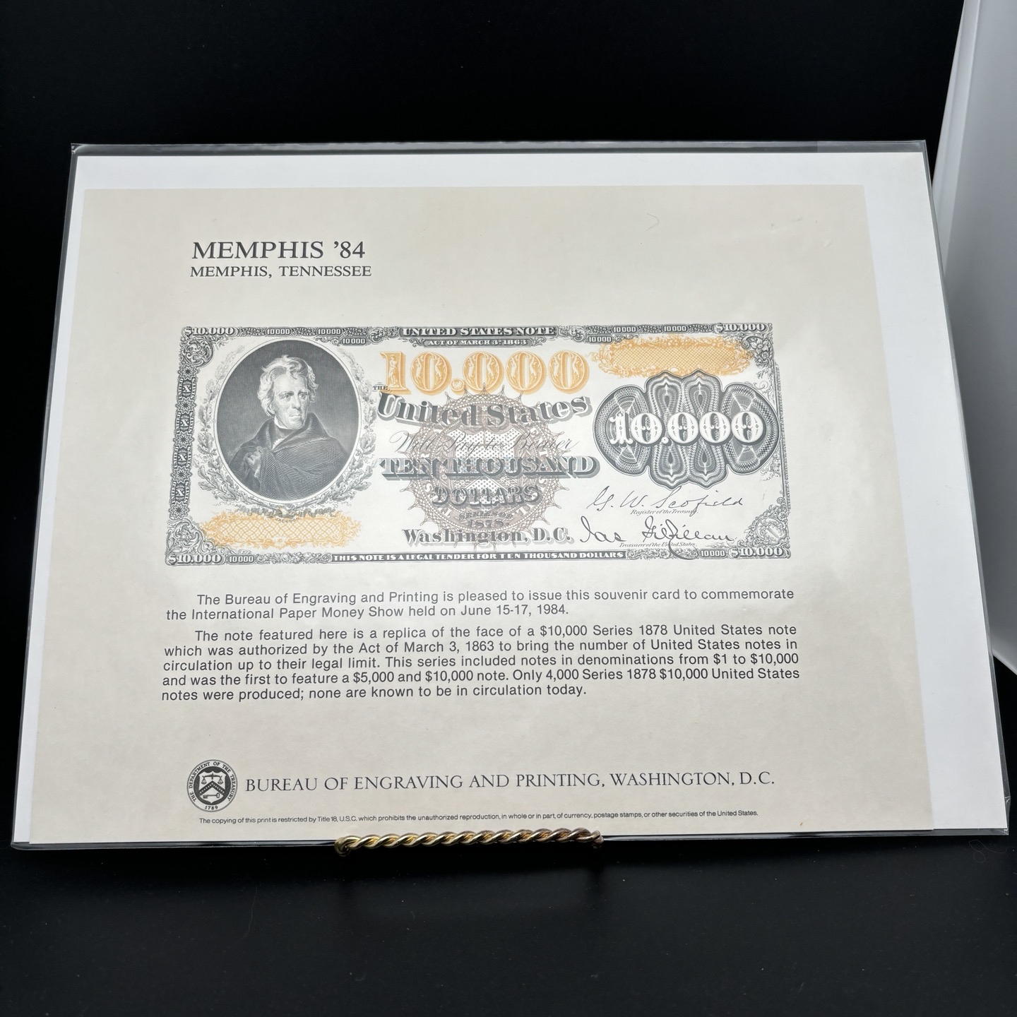 Official Print LEGAL TENDER BANK NOTE 1878 $10,000 Note 8x10 Int;l ...