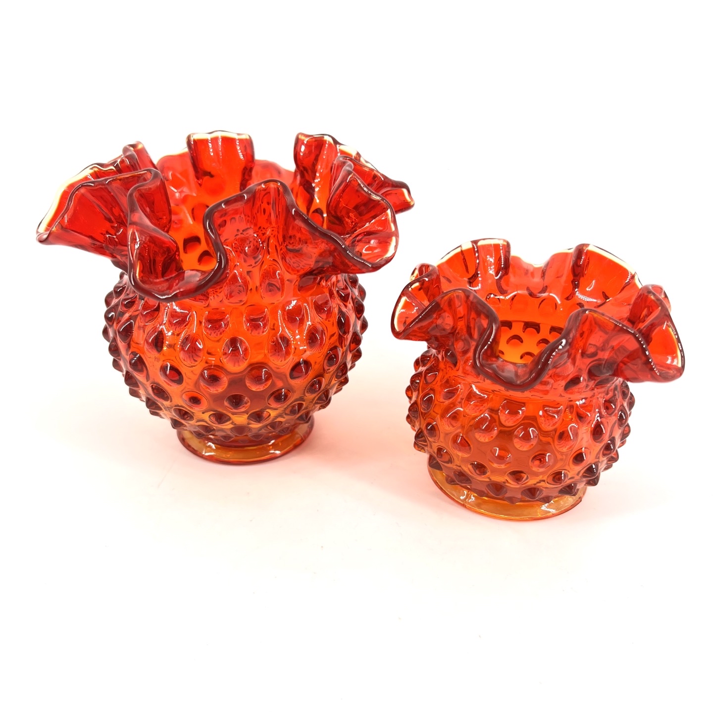 Set 2 Fenton Amberina Ruffled Glass Vases
