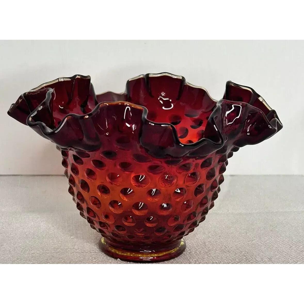 Fenton Amberina Ruby Red Hobnail Rose Bowl Vase Crimped Ruffled 4” UV ...
