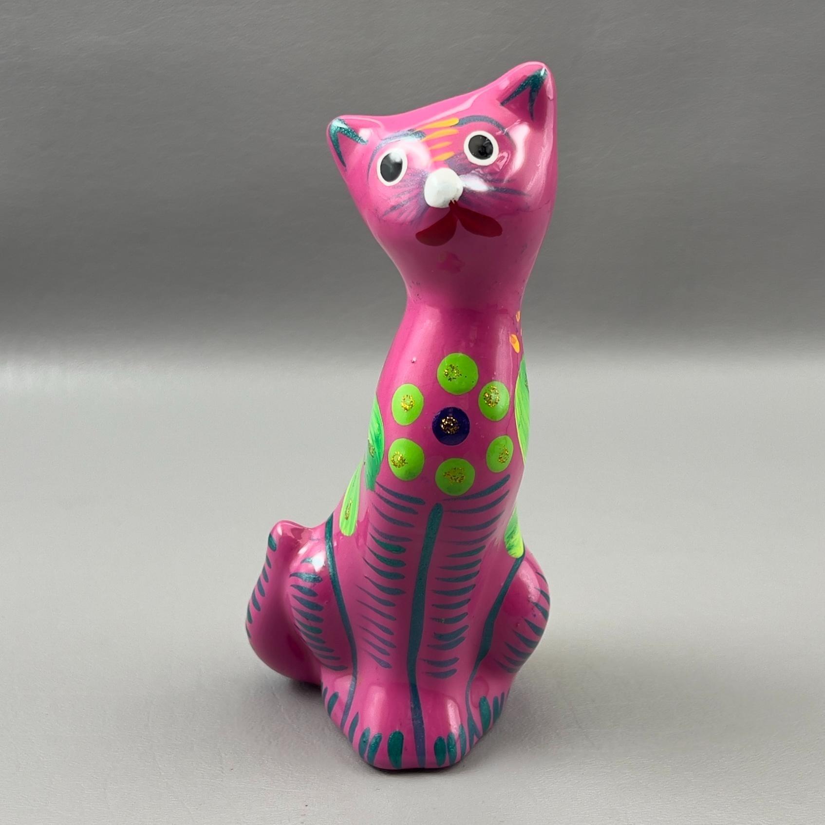 034 Mexican Pottery Pink Cat Figurine Hand Painted Flowers Glows 6 ...