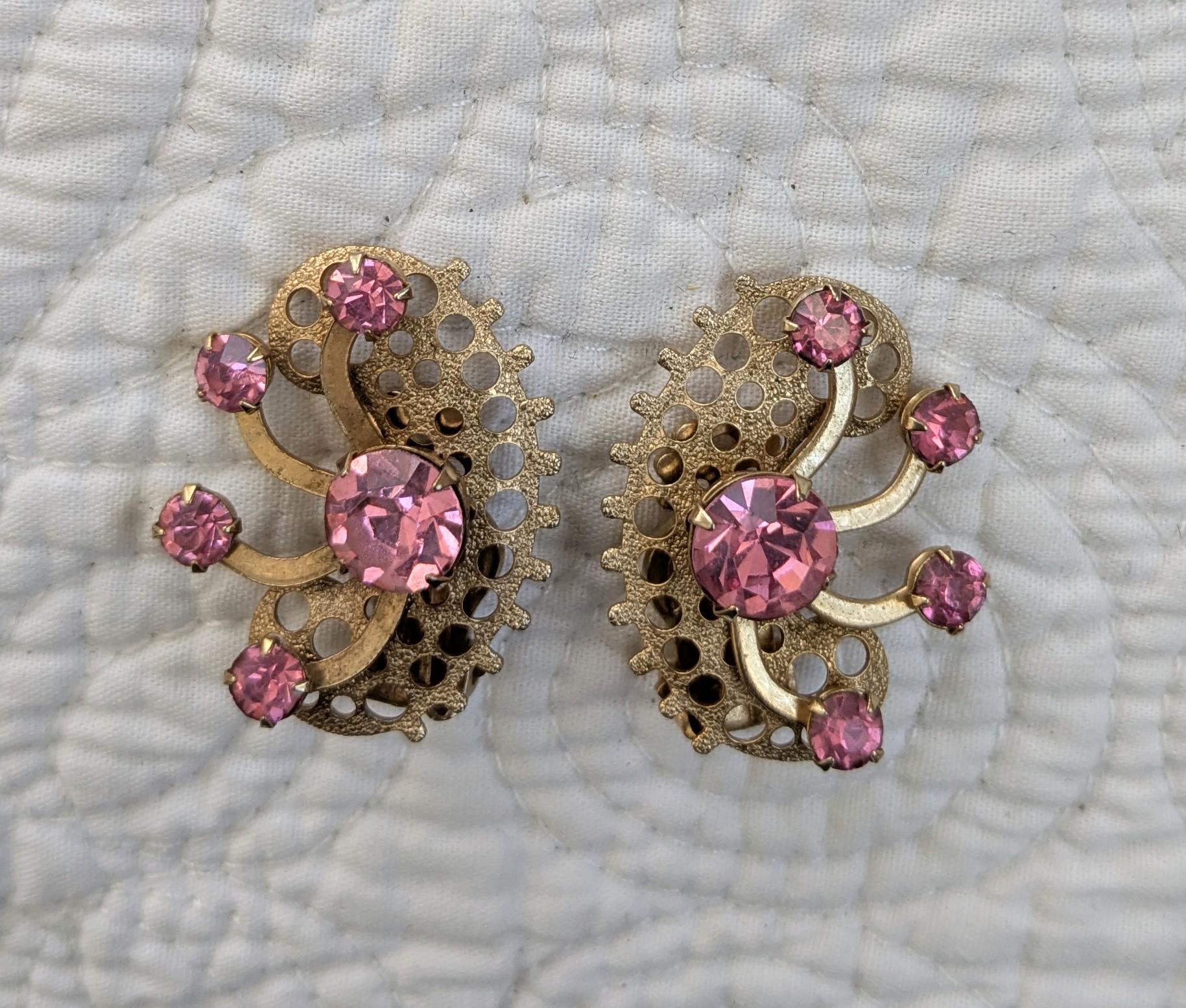 Midcentury Pink Rhinestone Clip On Earrings