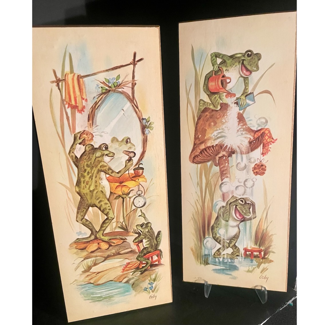 2 Vintage Coby Wall Art Bathing Frogs Daily Routine Bathroom Plaques ...