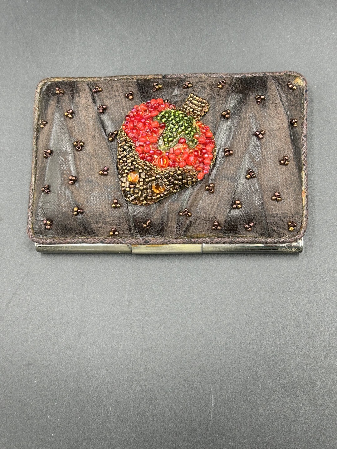 Vintage Strawberry Bead Design Decorated Leather & Metal Cigarette Case