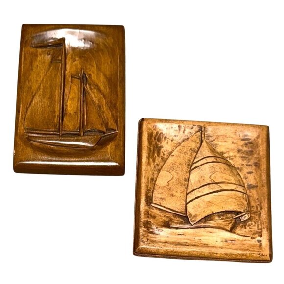 Vtg Hand Carved Wood Ships Wall Plaques Spinnaker Schooner Rockport ME ...