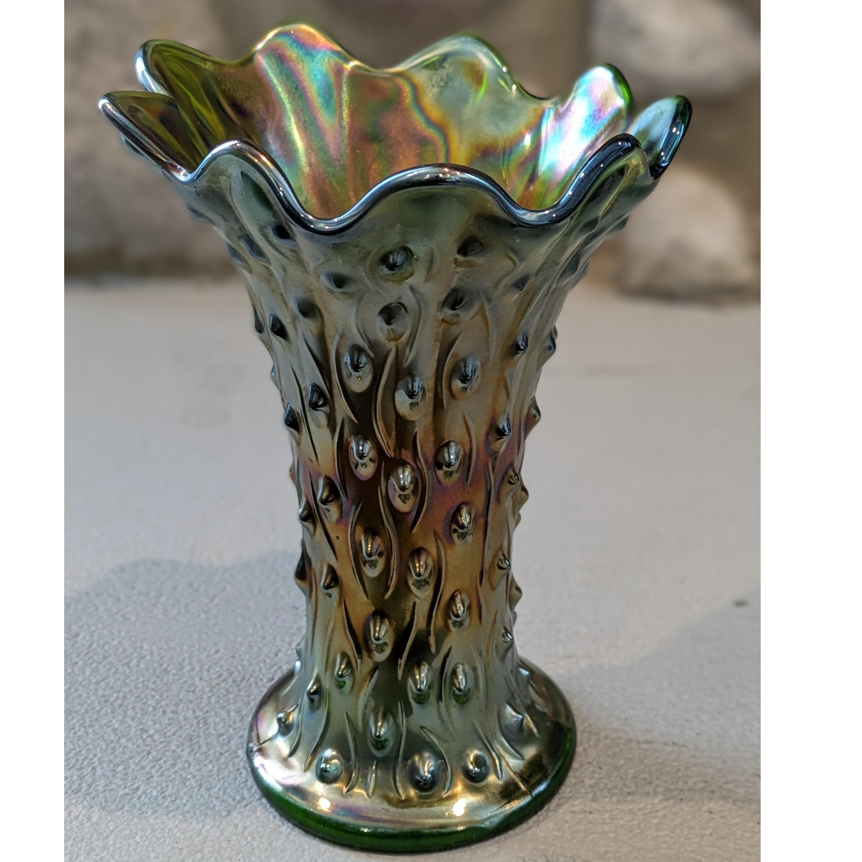 Antique Northwood Tree Trunk Emerald Iridized Carnival Art Glass Vase