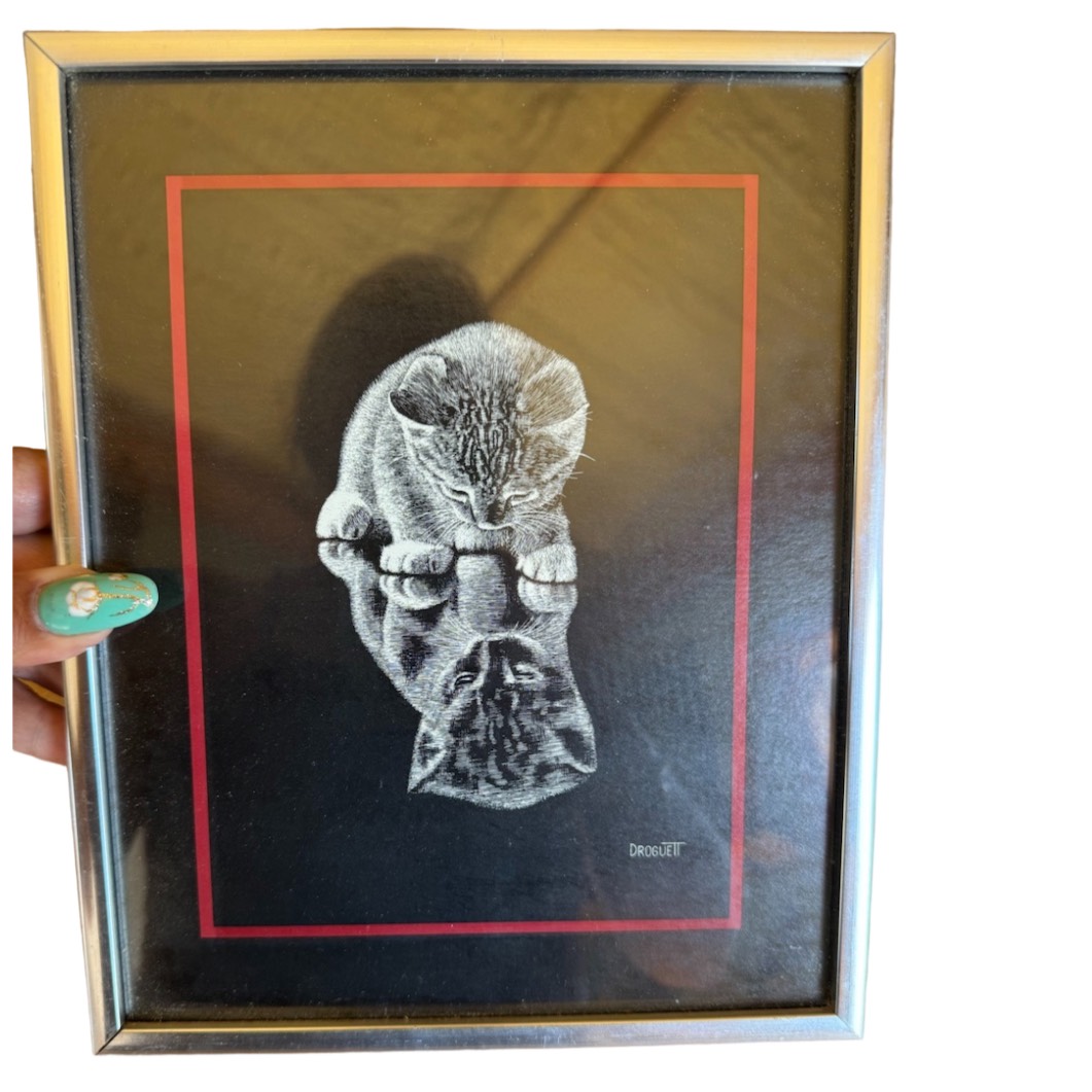 Vintage 1970s Kitten Cat Reflection Rudy Droguett Wall Art Etching ...