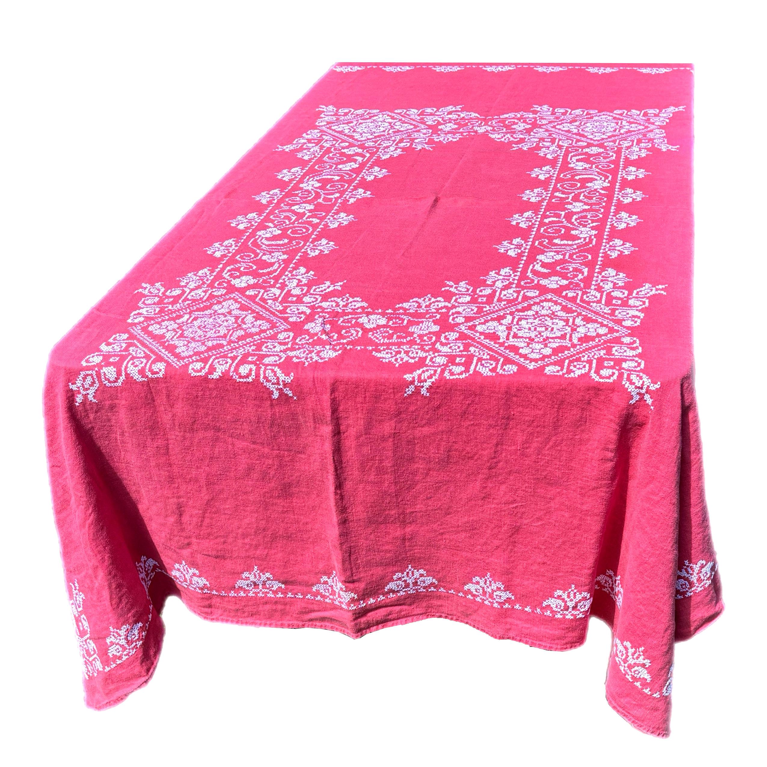 Red Linen Cross Stitch Tablecloth Embroidered Cottage Core Granny ...