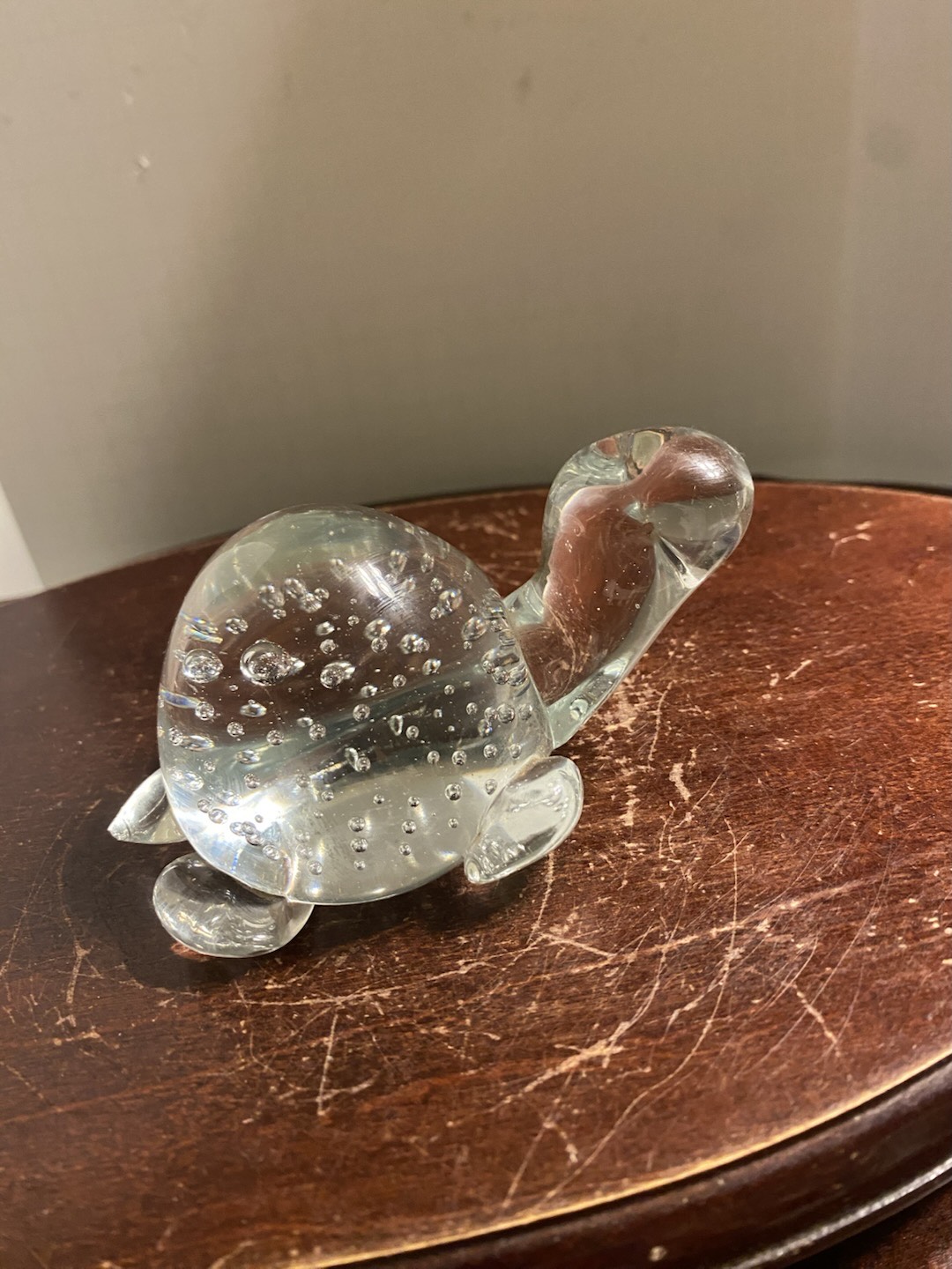 Clear Art Glass Derpy Turtle Paperweight With Controlled Bubbles