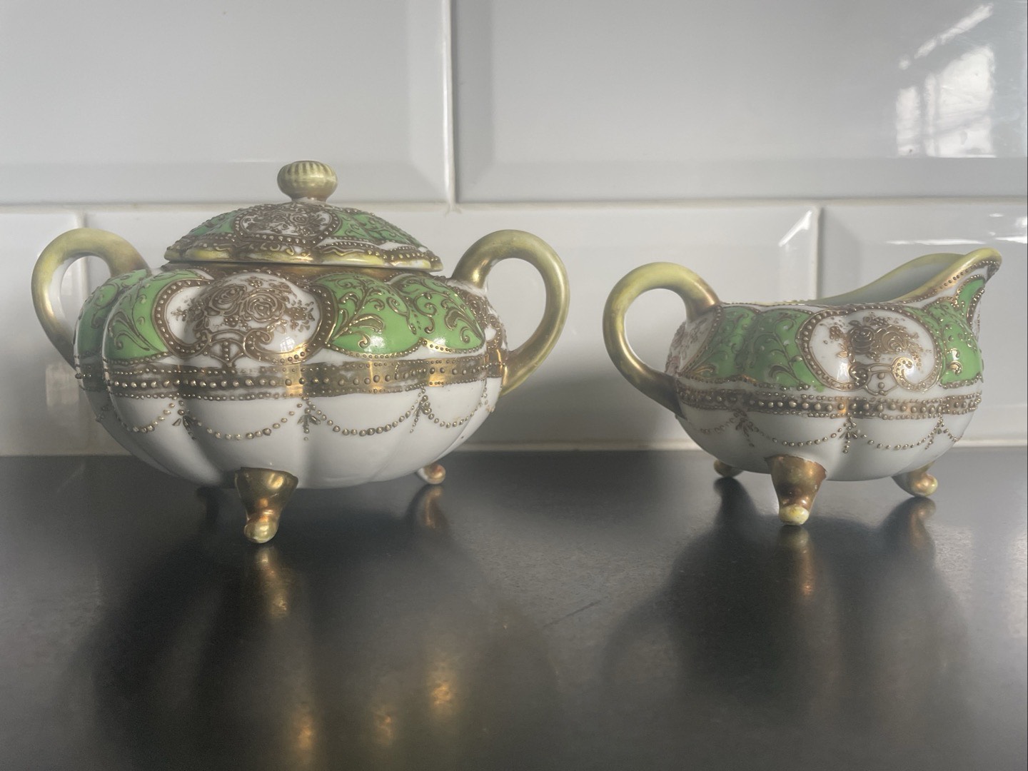 Royal Nippon Moriage Textured Gold & Mint Creamer & Sugar Bowl w/lid ...