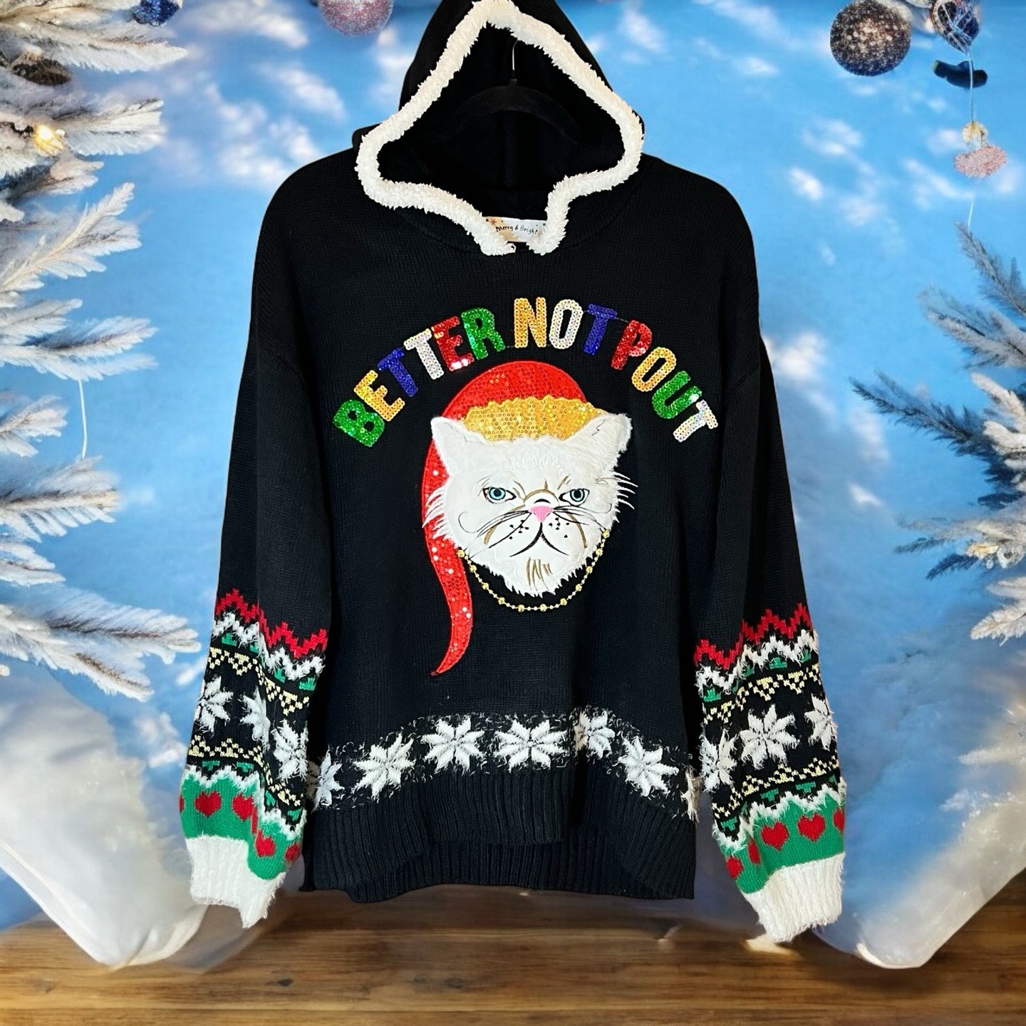 Grumpy Cat “Better Not Pout” Ugly Christmas Sweater, Hooded, SZ M Furry ...