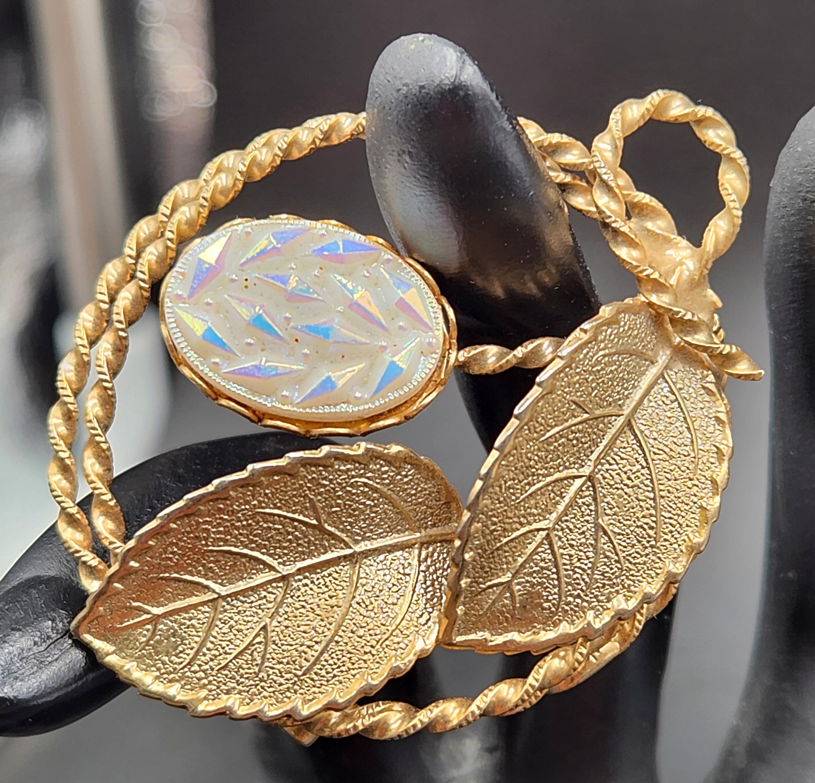 Pastel Aurora Borealis Volcano Glass And Gold Tone Leaf Brooch