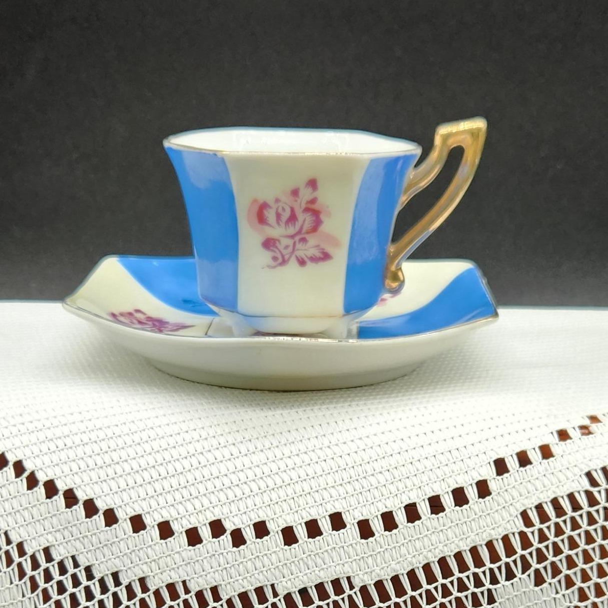 Hand Painted Wales China Japan Octagon Footed Cup and Saucer