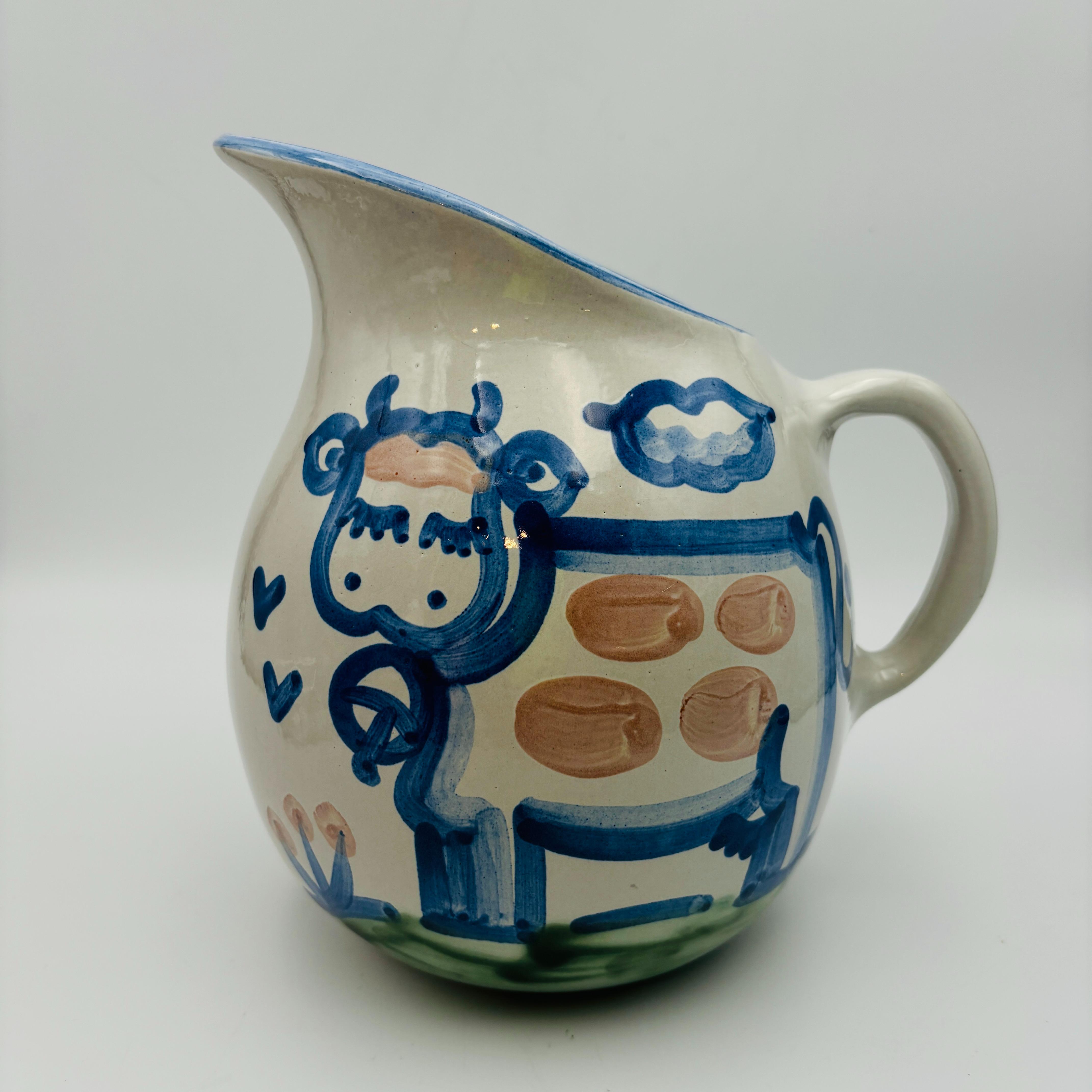 M A Hadley Pottery Old Style Pitcher Country Scene Blue Cow Stoneware 72 oz