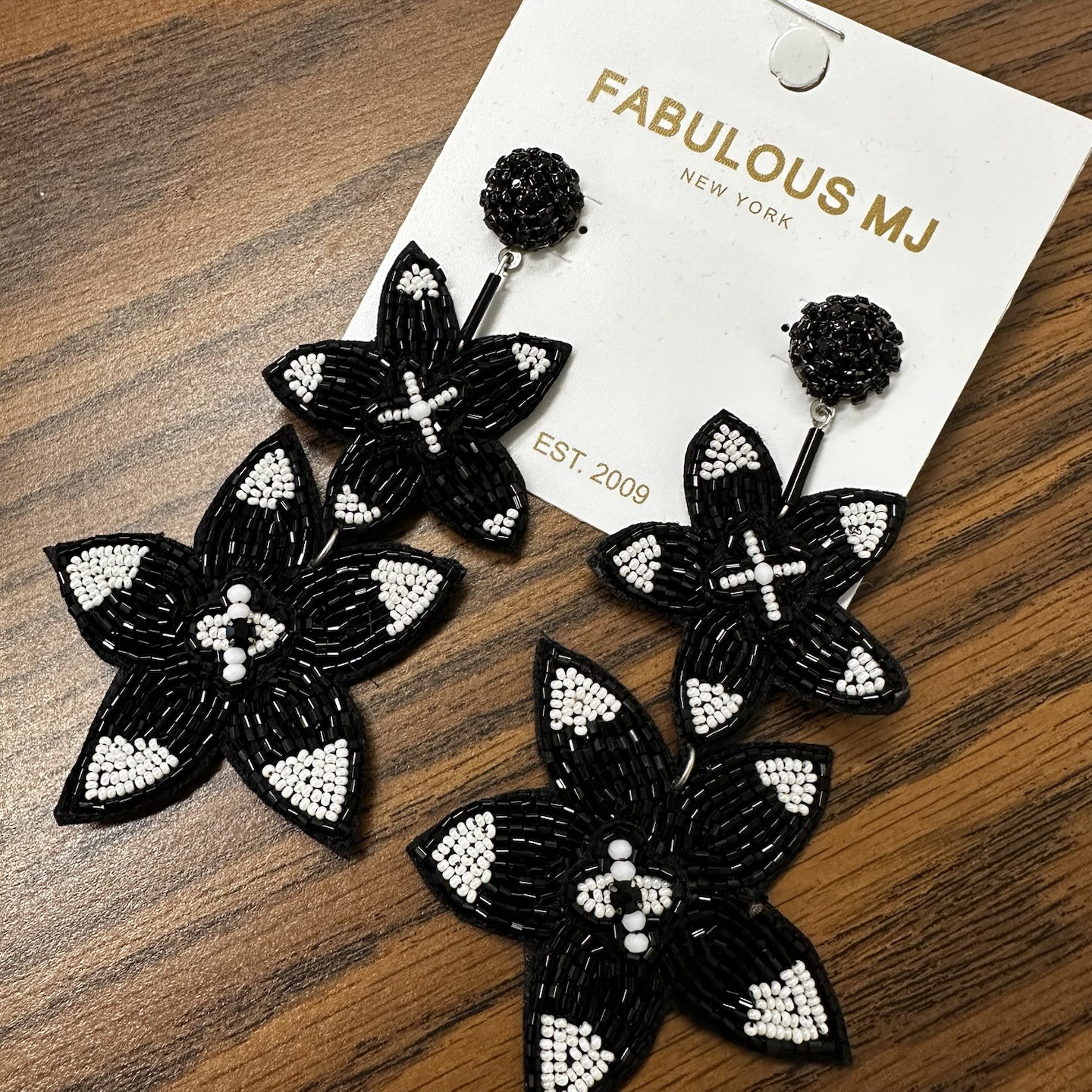 Fabulous MJ Black and White Beaded Floral Earrings