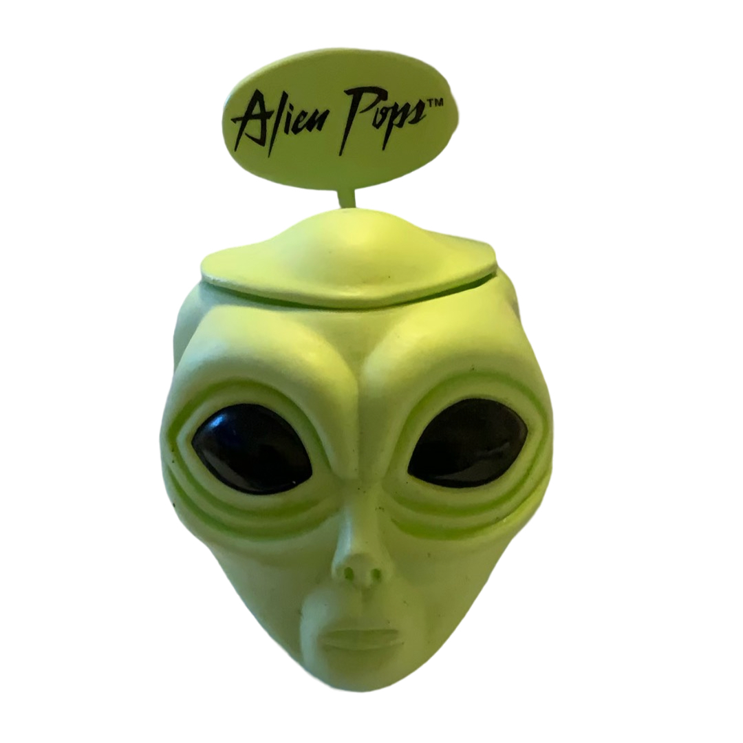 Alien Pops TM Lime Green Blow Mold Plastic Alien Head Lollipop Display ...