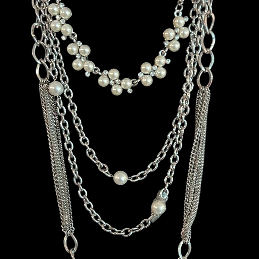 Edforce Stainless Steel Faux Pearl, Silver Tone Tri-chain, Faux Pearl ...