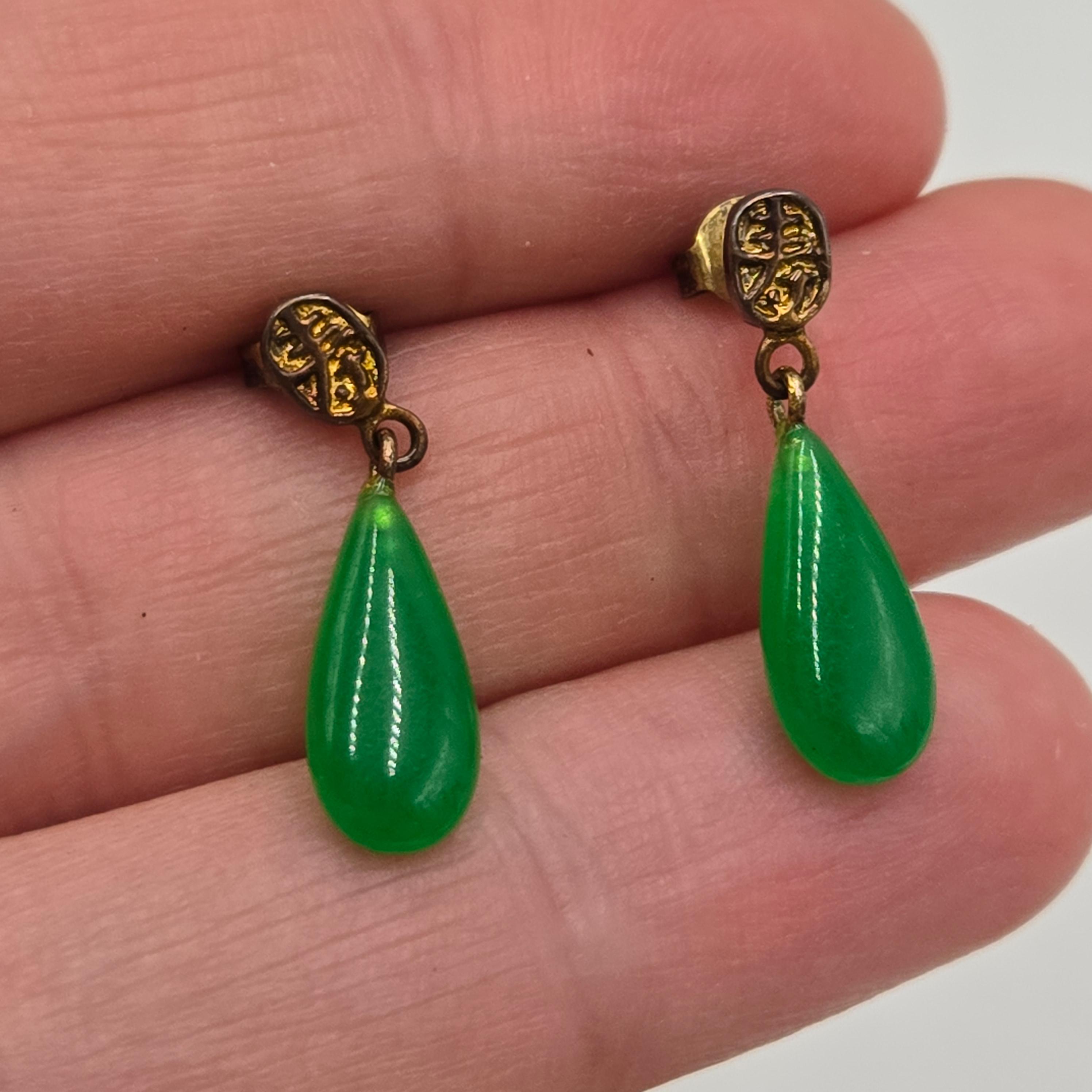 Vintage 10k Gold Green Chalcedony Teardrop Dangle Asian Chinese Lucky ...