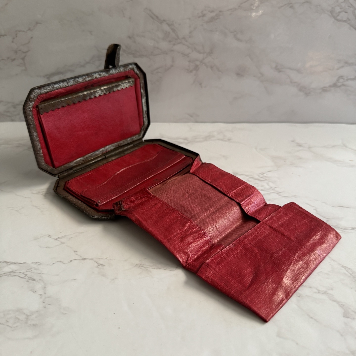 Antique Victorian Era Leather & Metal Billfold Type Wallet with Red ...