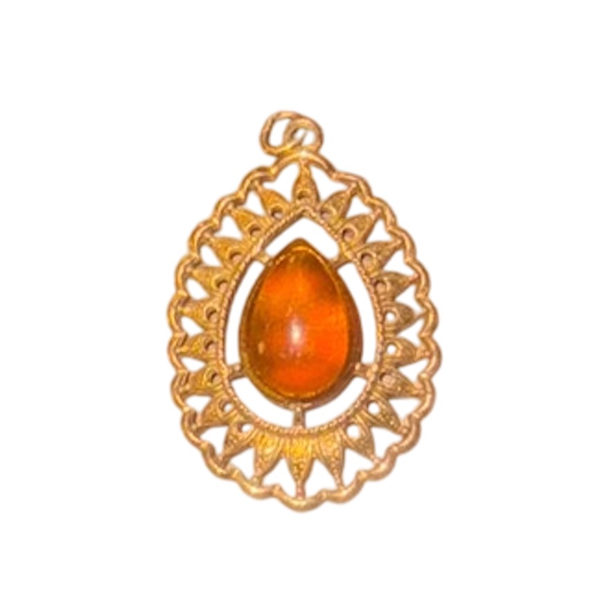 Vintage Sarah Coventry Amber Teardrop Goldtone Pendant, 1.5”