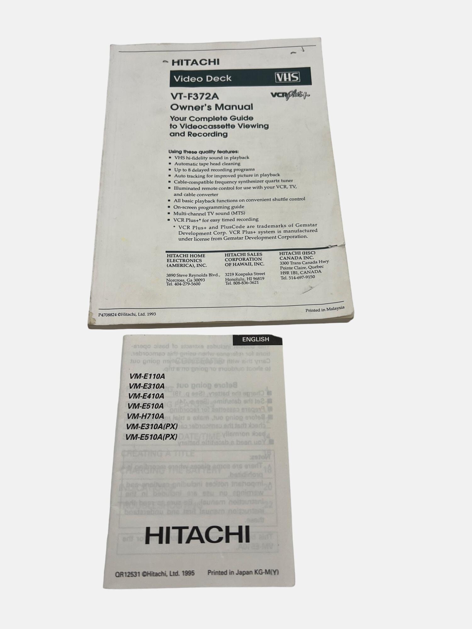 Hitachi VT-F372A VHS Video Deck & VM-E110A Camcorder Owners Manuals 1990s