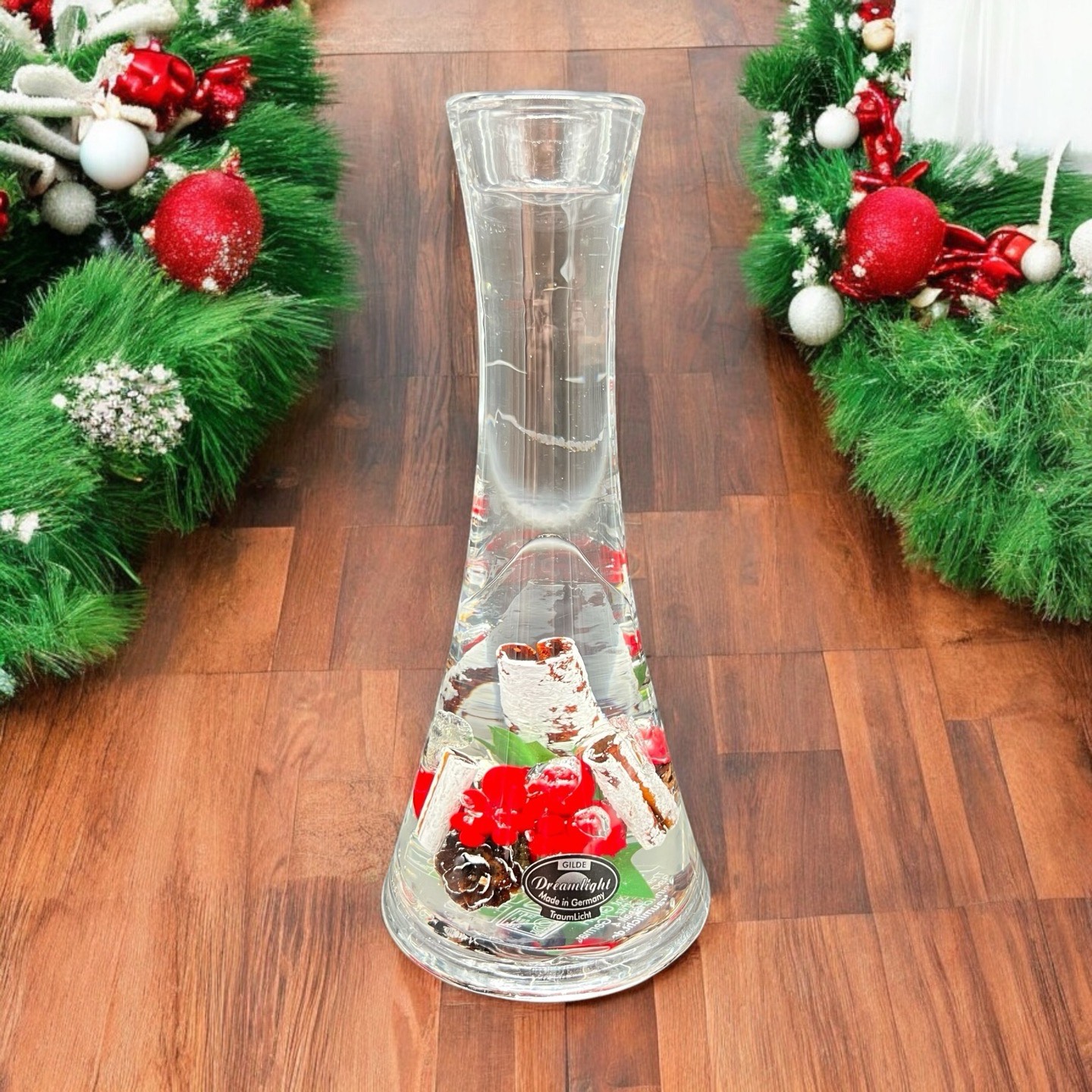 Gilde Dreamlight Glass Candlestick Holder Red Berries Yule Logs ...
