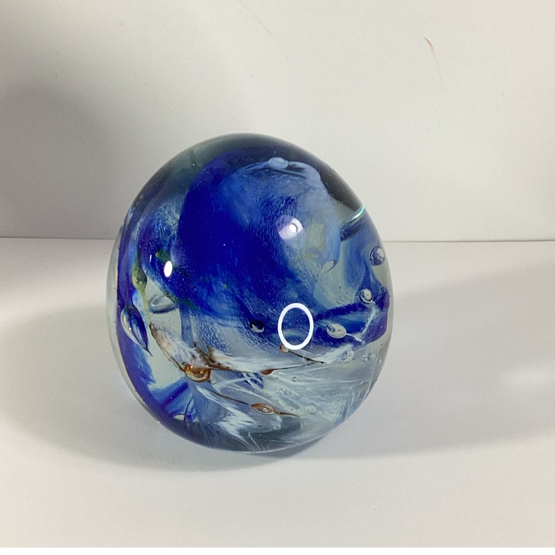 008. Kerry Glass Blue & White Swirl Paperweight 3.25”