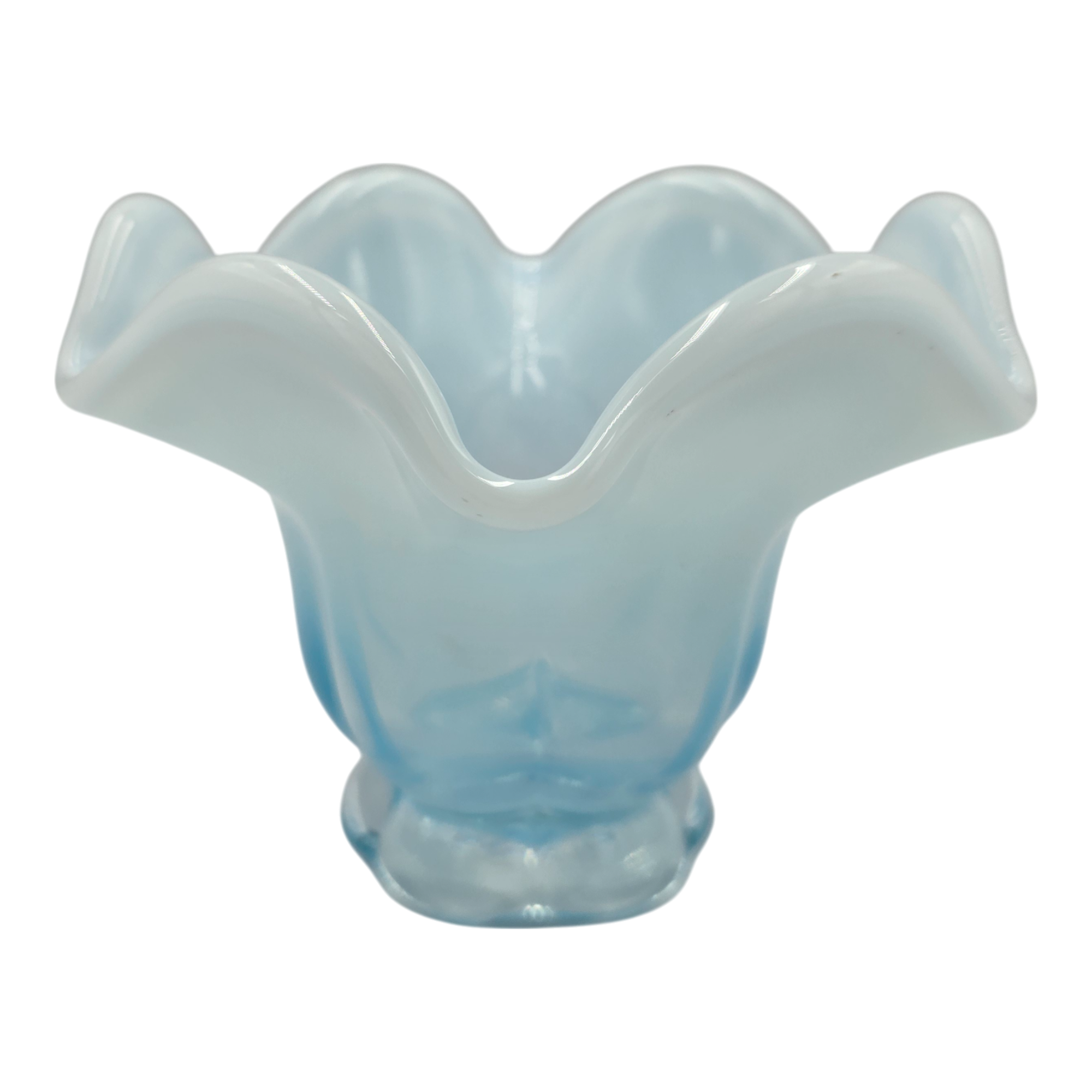 Duncan Miller Blue Canterbury Opalescent Glass 4" Crimped Vase