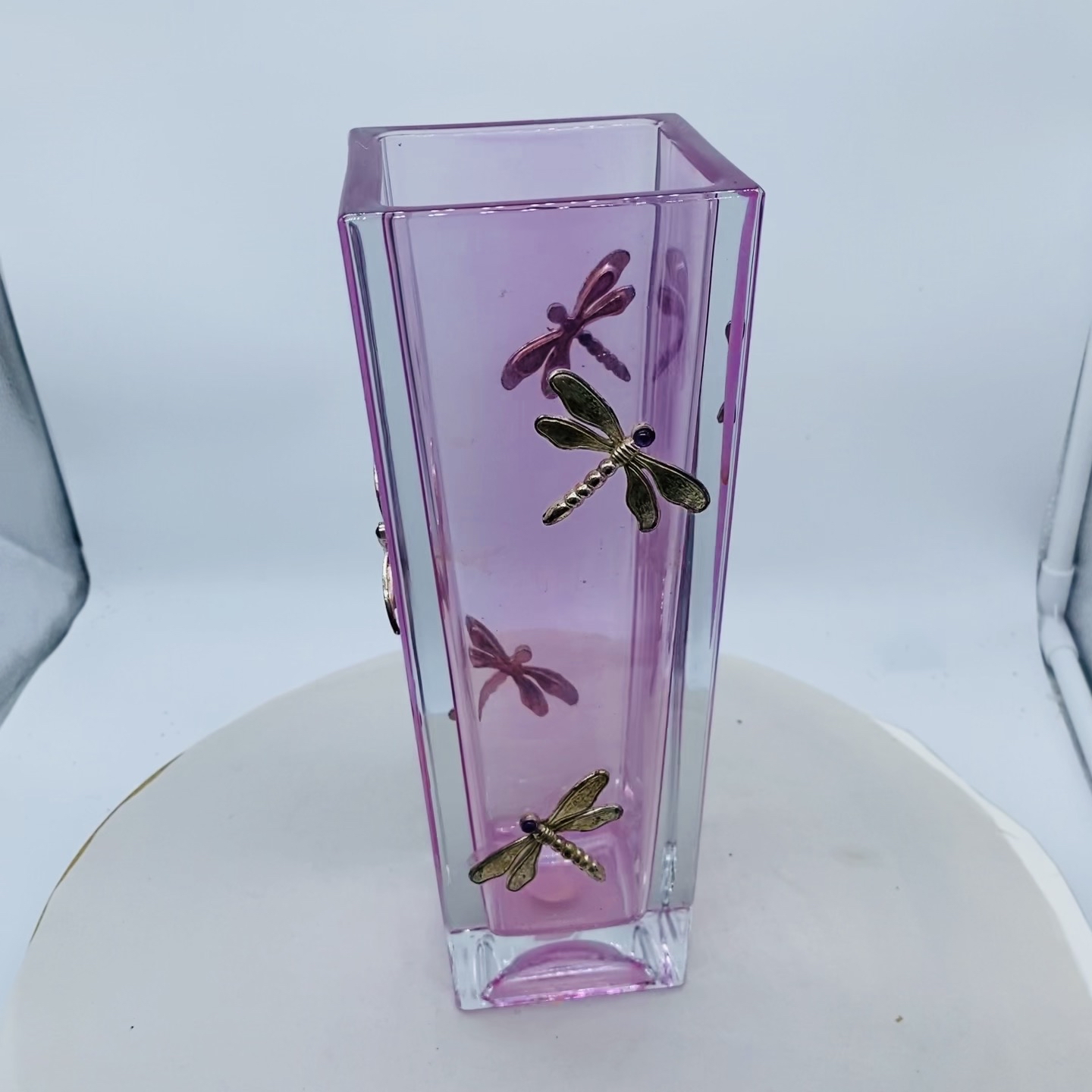06 Vintage 24% Heavy Pink Lead Crystal Vase with Metal Silver Applied ...