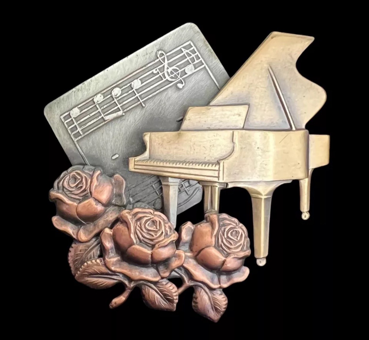 Vintage K&T Piano Music Flowers Copper Brass Pewter Brooch #C-1