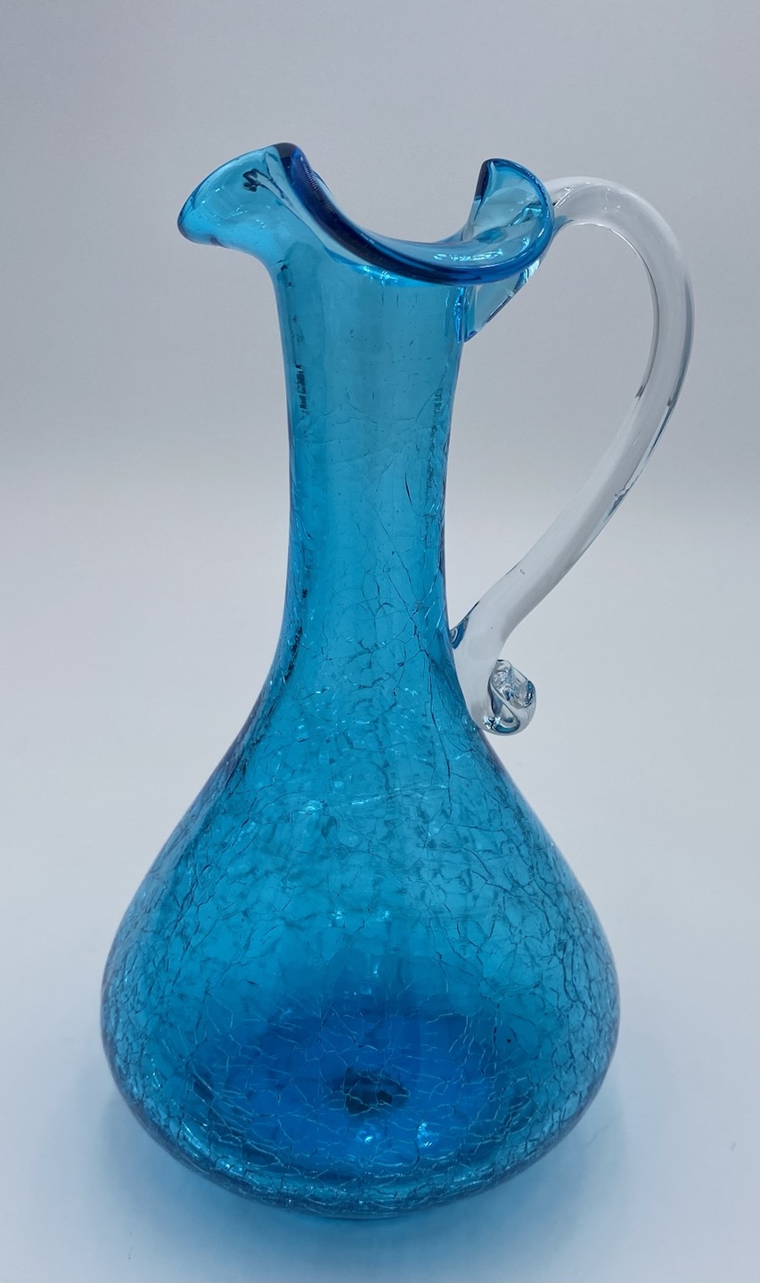Vintage Pilgrim Olympic Blue Crackle Glass Slender Pitcher, Applied ...