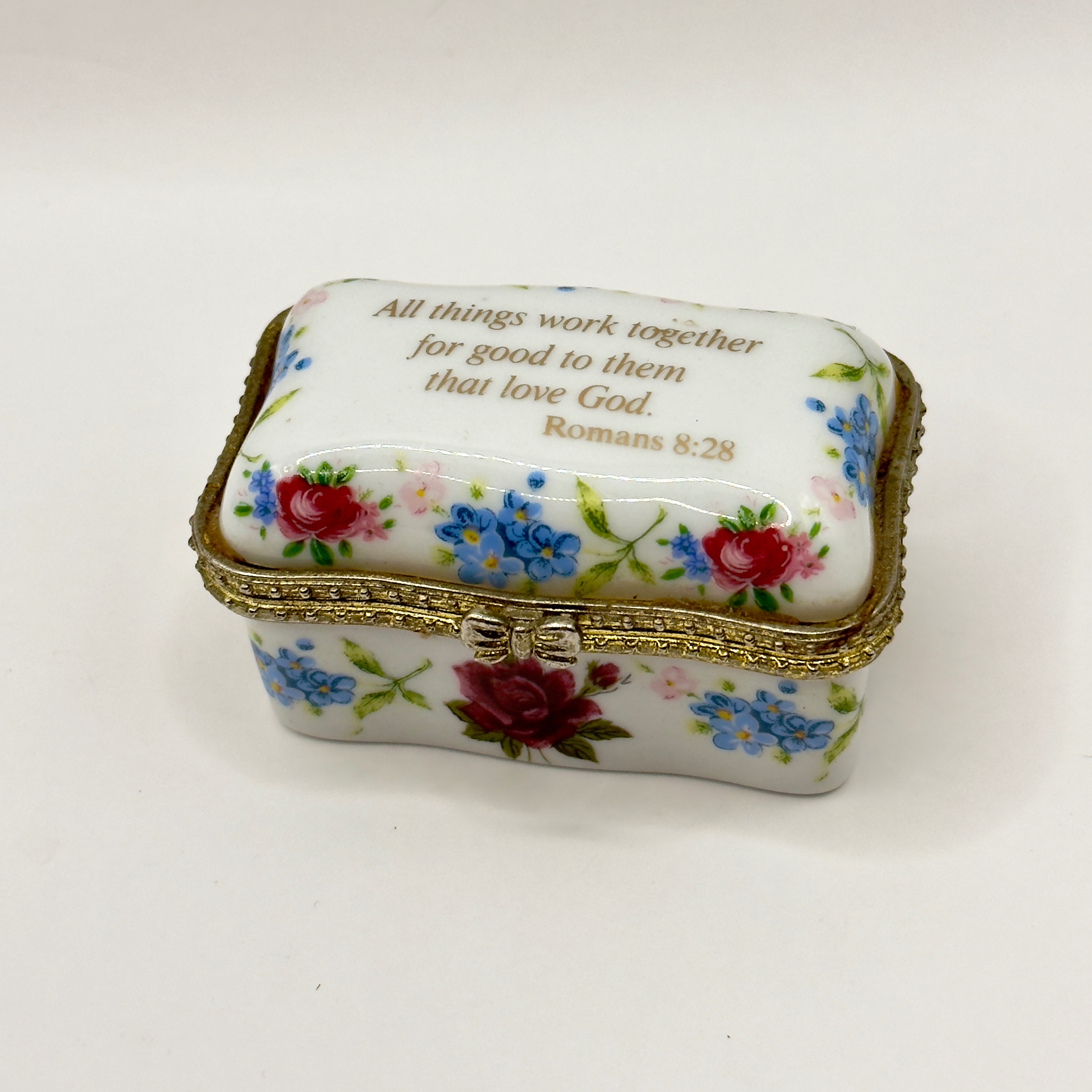 Vintage Rectangle Shaped Floral Porcelain Hinged Trinket Box with Bible ...