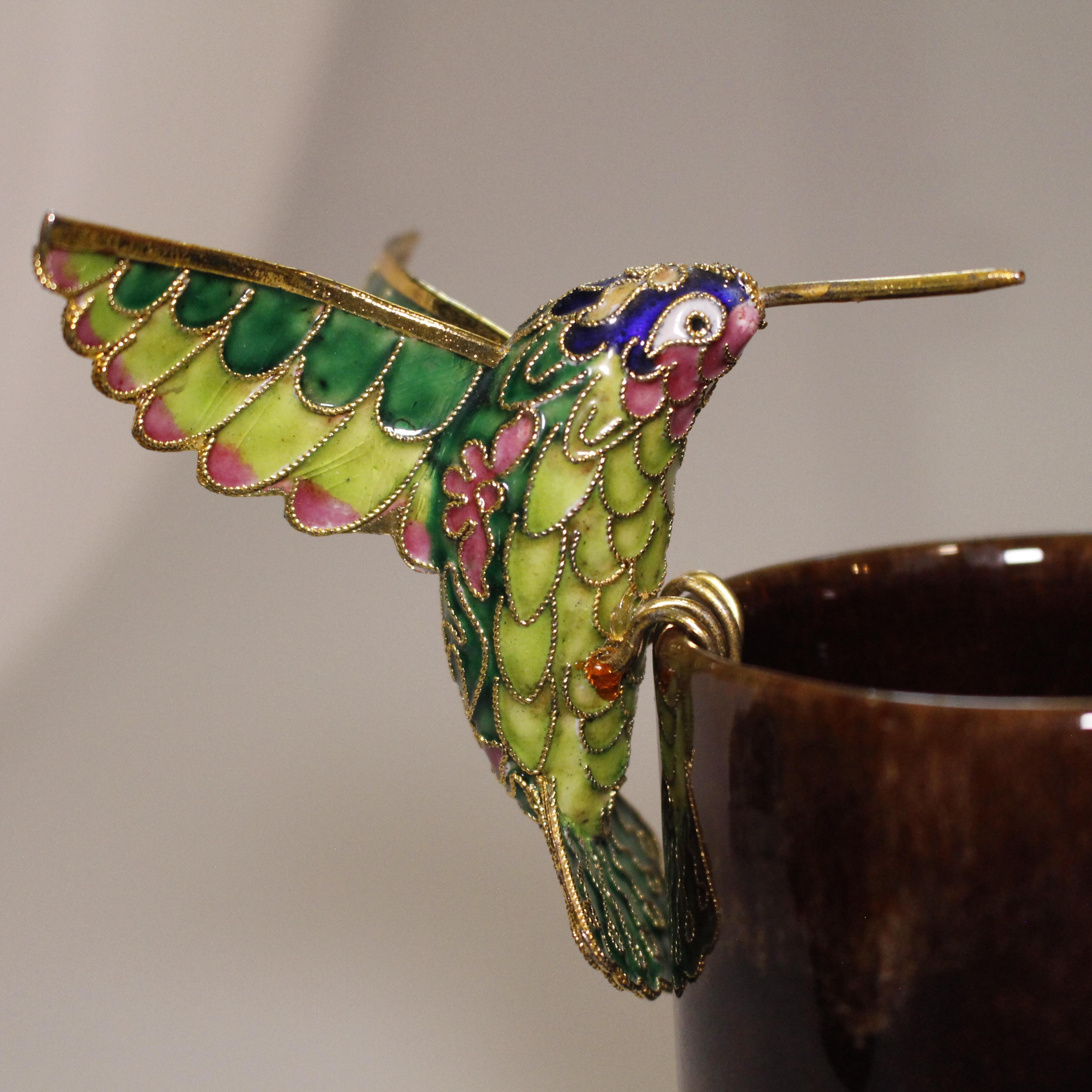 3.5" Vintage Cloisonne Pot Sitter Hummingbird Multicolor Enamel Gold ...