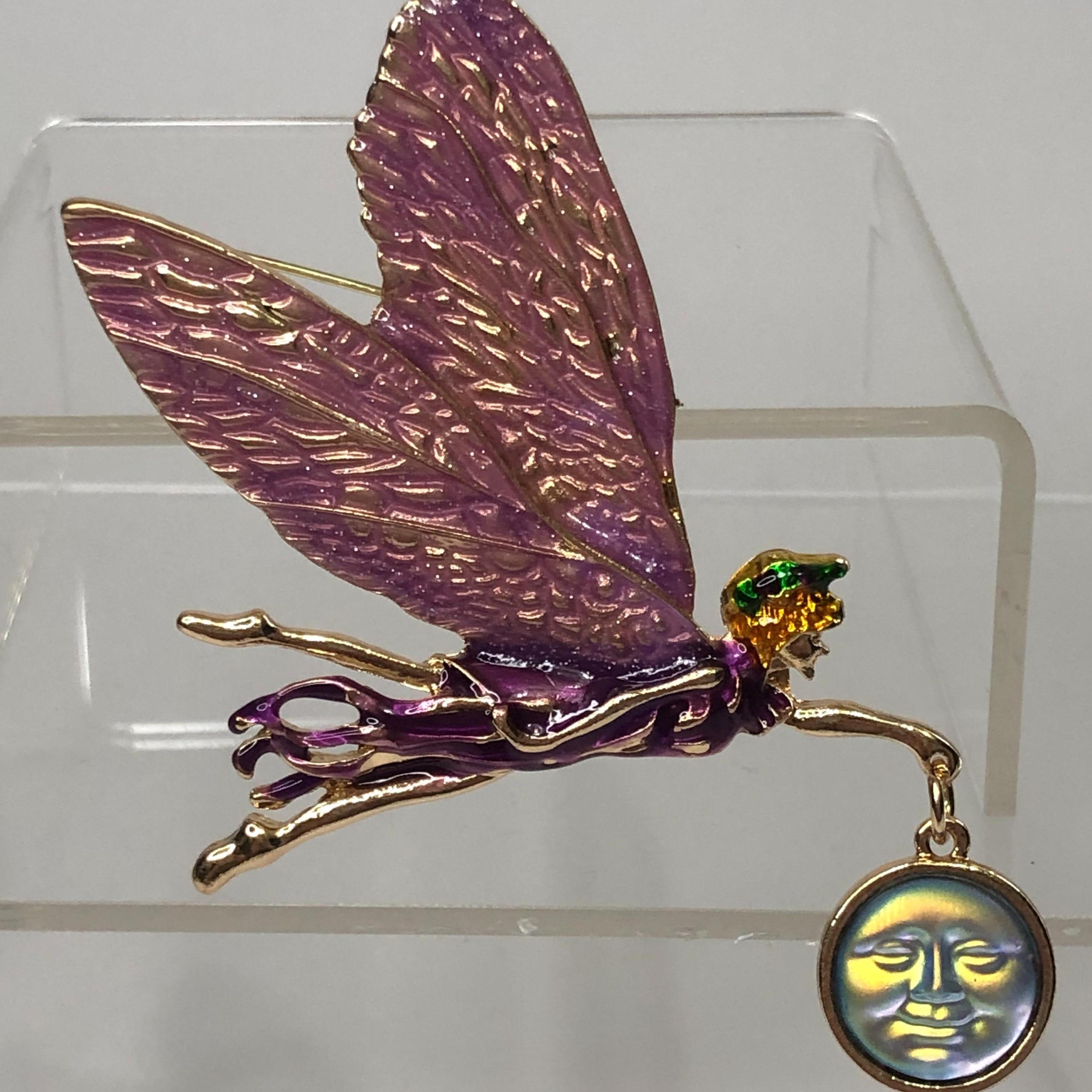 Purple Winged Fairy with Moon Face Dangler Pin Brooch Pendant Goldtone