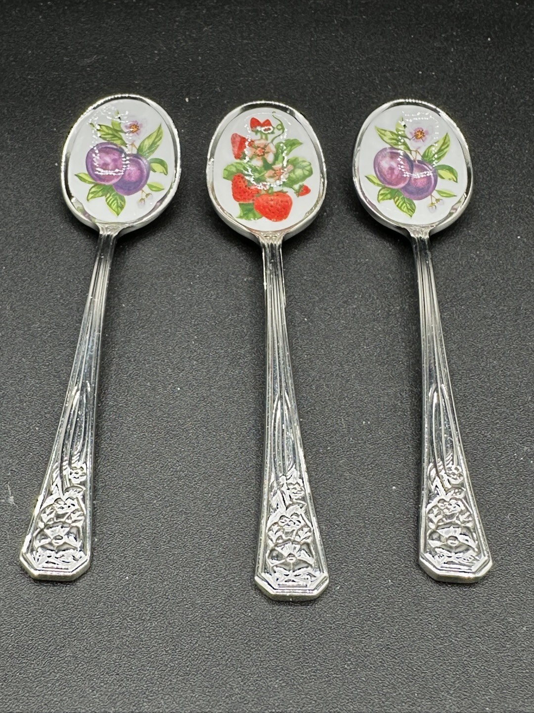 3 Vintage Enameled Fruit Spoons Avon Stainless Steel