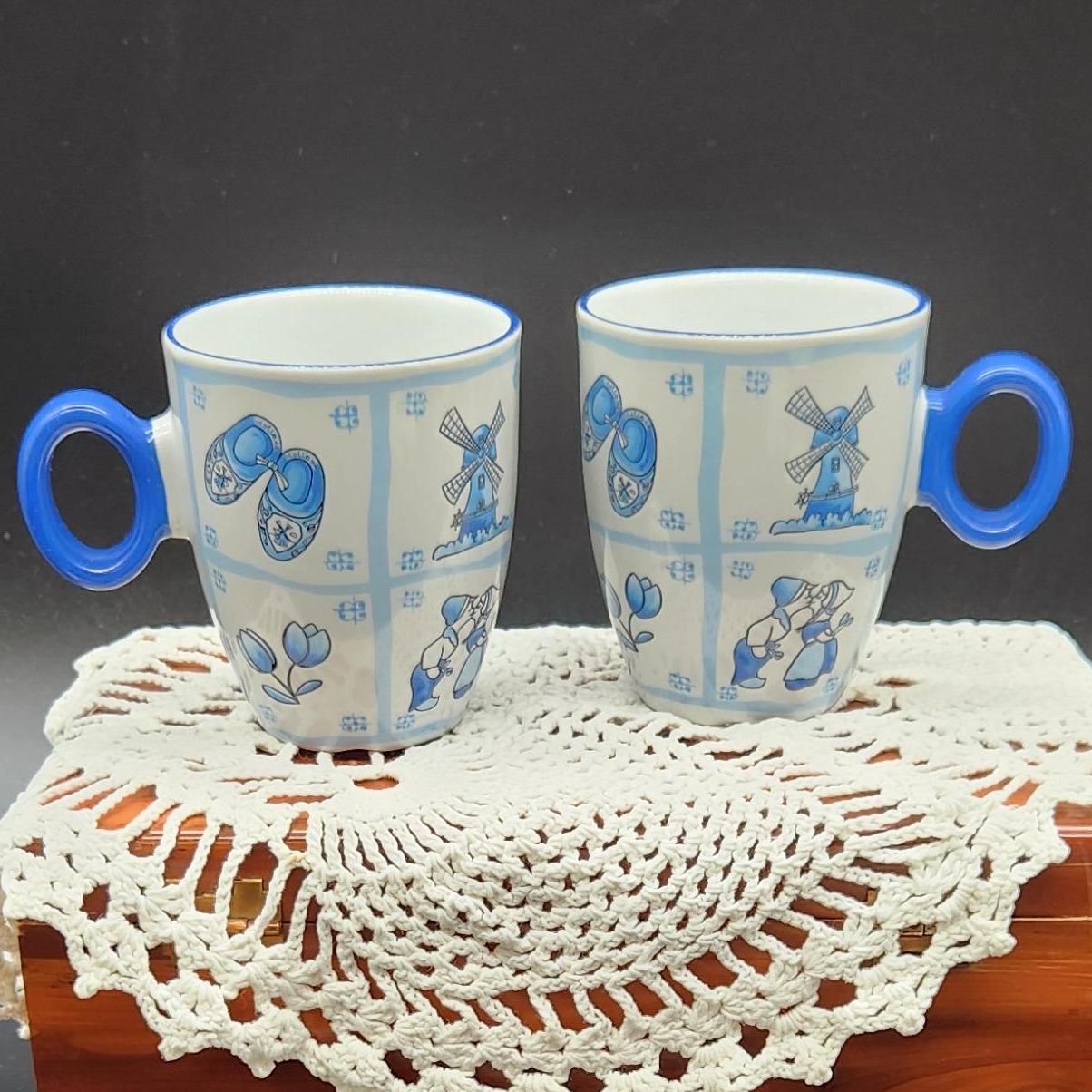 Vintage Blue and White Dutch Themed Coffee Mugs - Set of 2