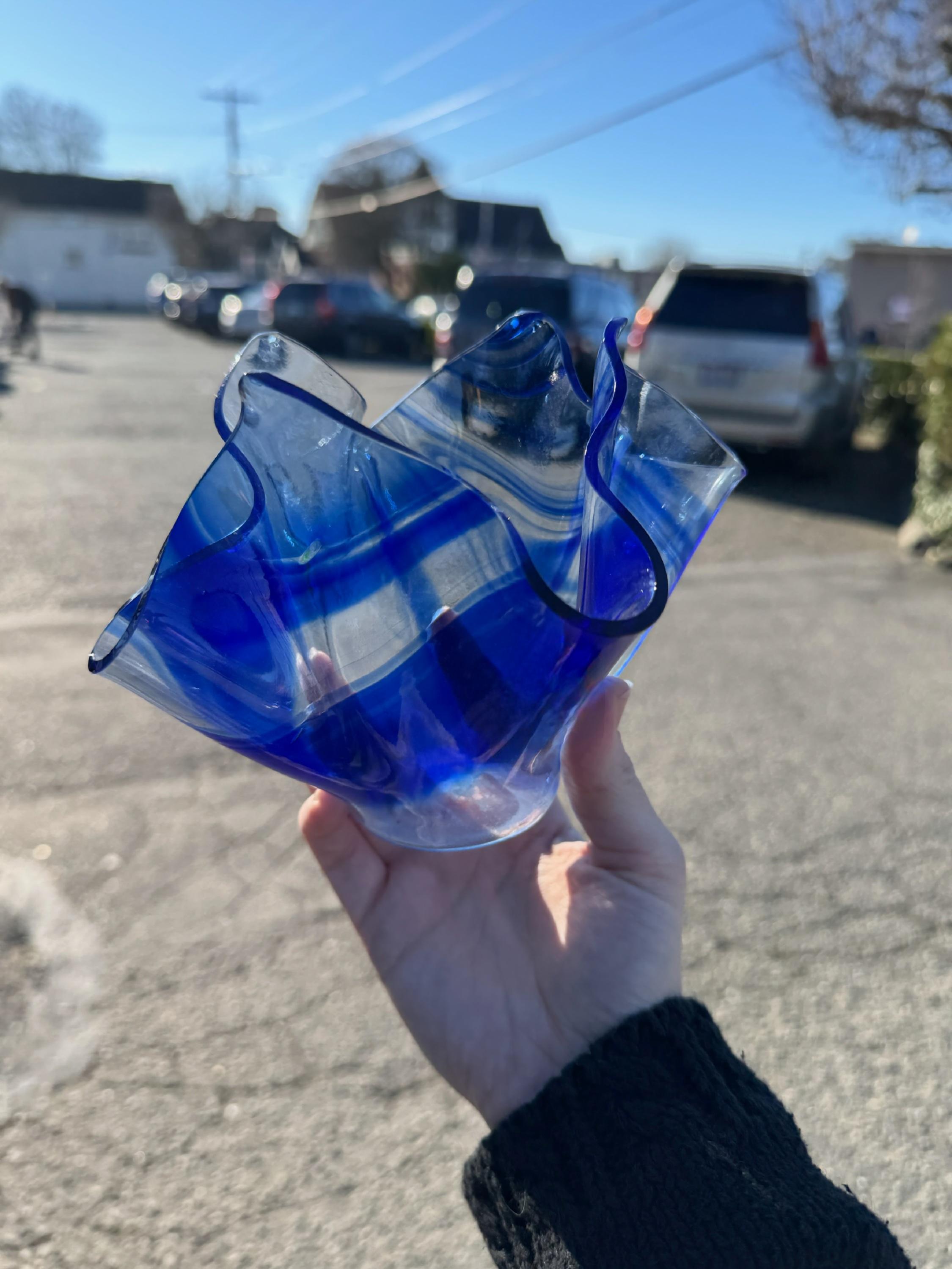 Glass Renaissance Cobalt Swirl Handkerchief Dish Signed By Artist