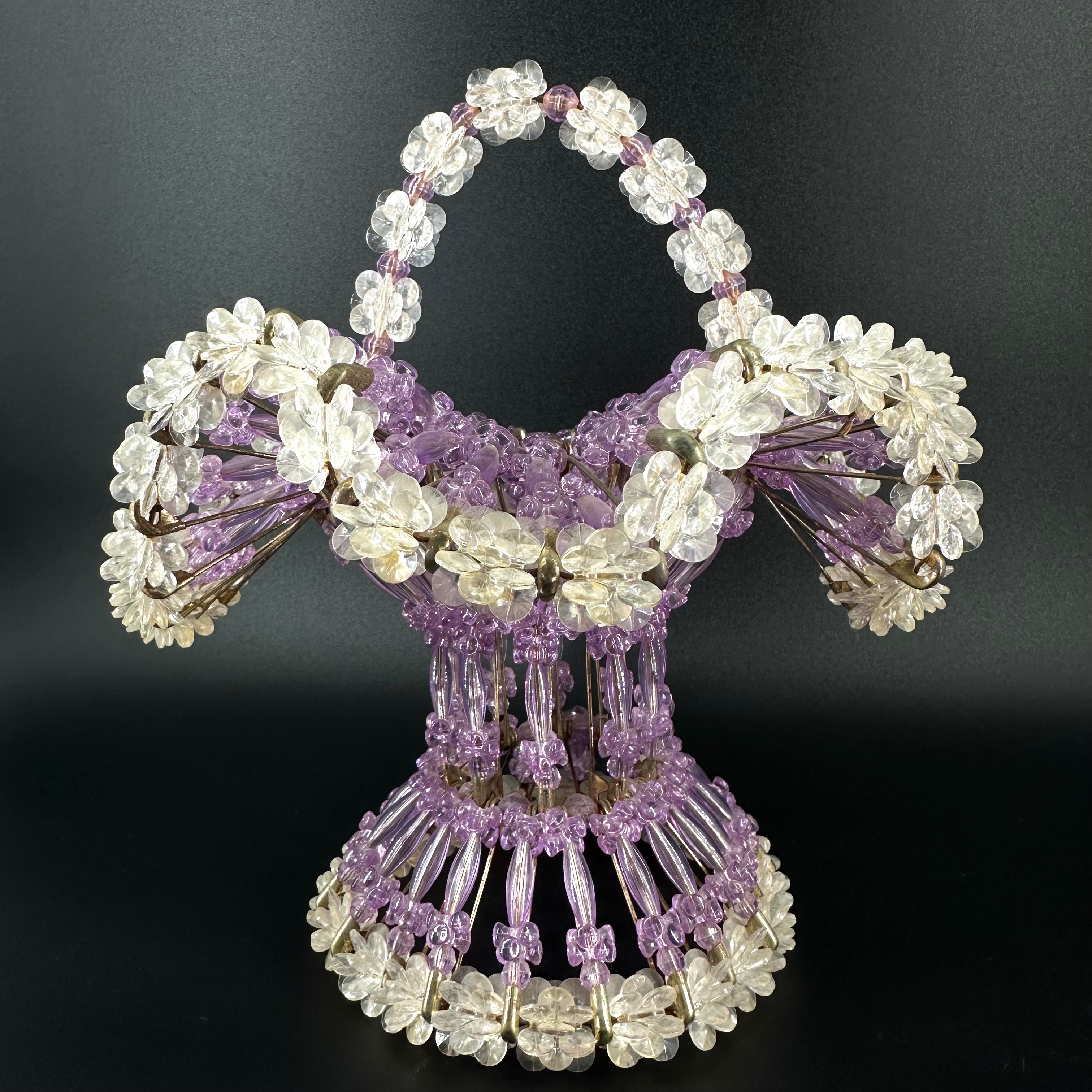 Vintage Handmade Purple Safety Pin Beaded Basket